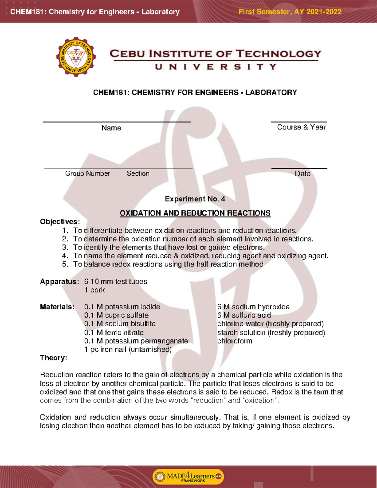 CHEM181 Experiment 4: Oxidation & Reduction Reactions Lab Guide - Studocu