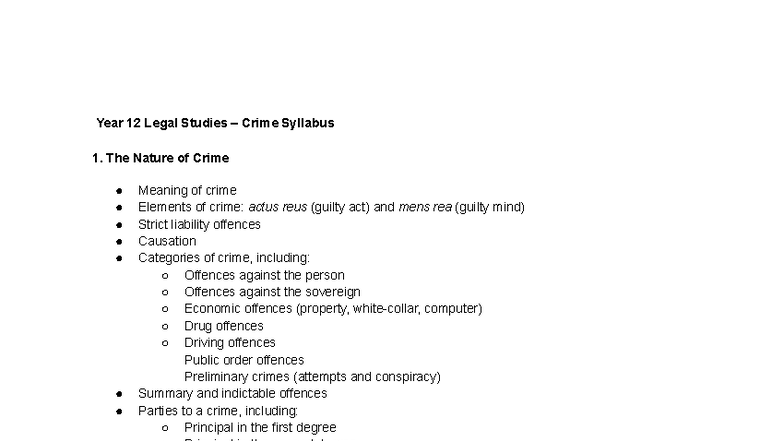 Year 12 Legal Studies: Crime Syllabus Overview and Key Concepts - Studocu