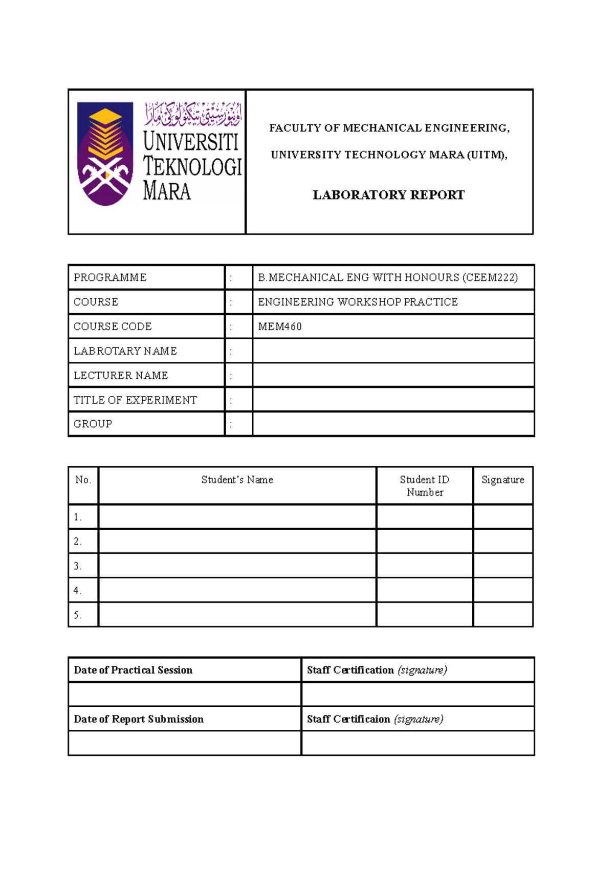 Lab Report for MEM 460: Engineering Workshop Practice Format - Studocu