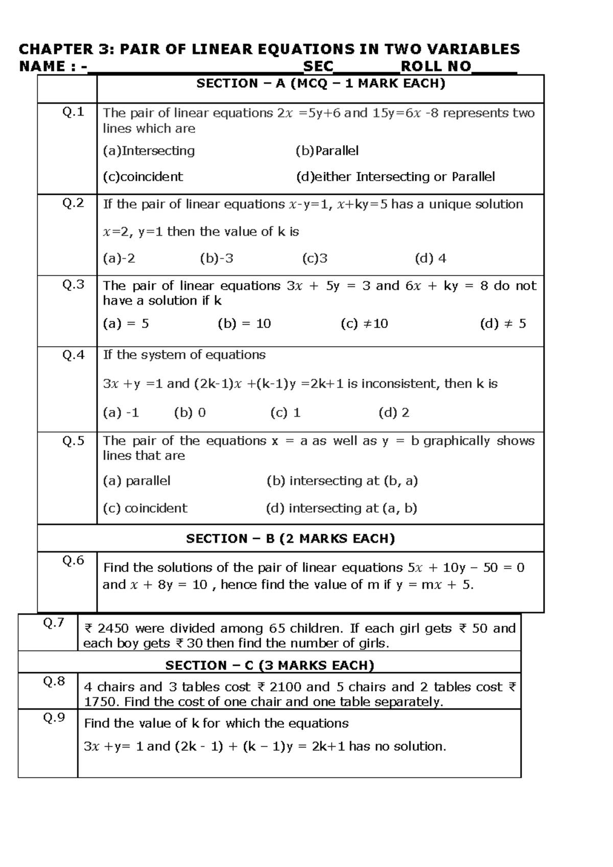 CH- 3: Pair of Linear Equations in Two Variables Assignment - Studocu