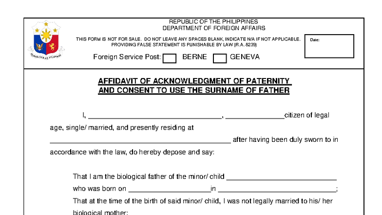 Affidavit of Acknowledgment of Paternity - Philippines Form - Studocu