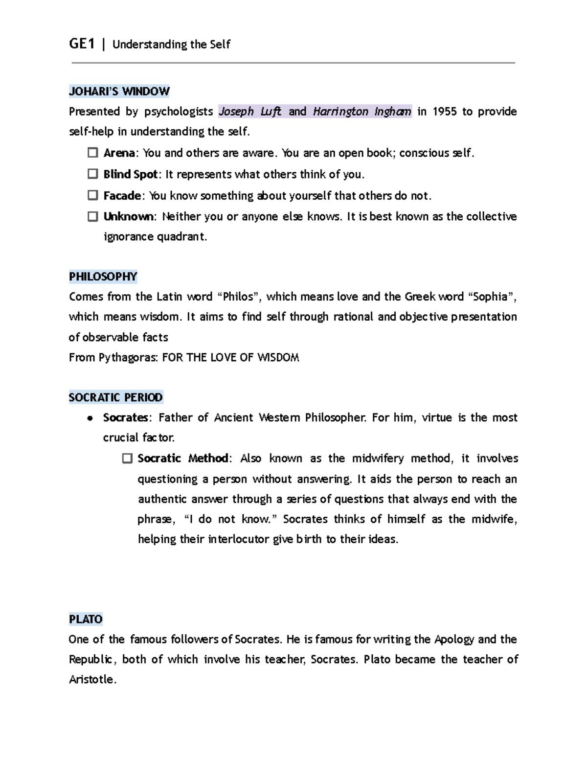 GE1-Reviewer - skidi - JOHARI’S WINDOW Presented by psychologists ...