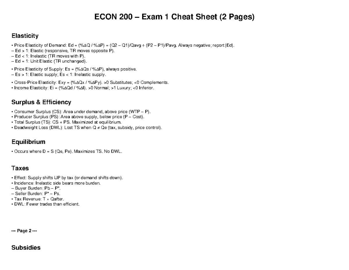 ECON 200 Exam 1 Cheat Sheet: Elasticity & Surplus Concepts - Studocu