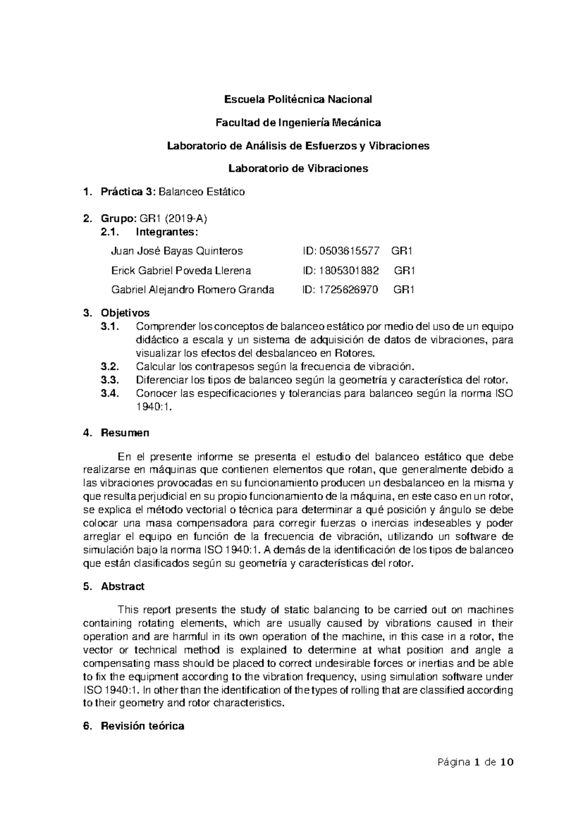 Práctica 3: Balanceo Estático en Vibraciones - GR1 (2019-A) - Studocu