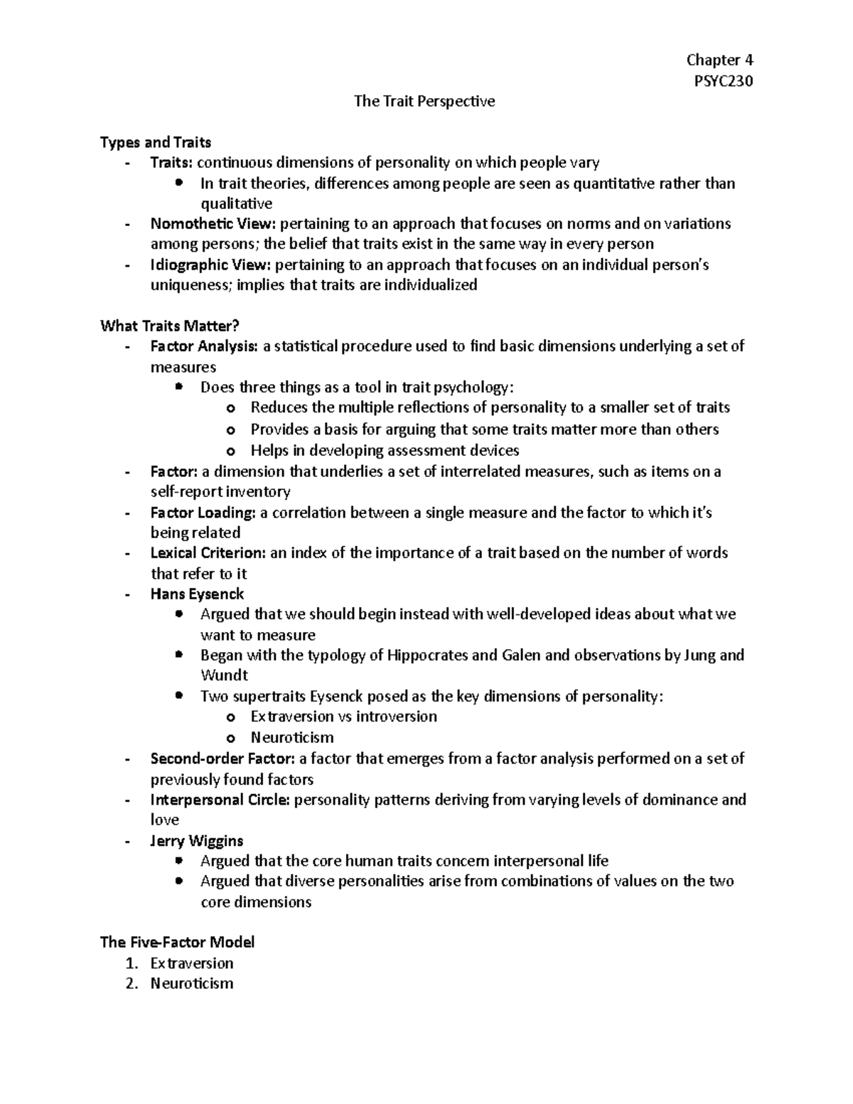 PSYC 101: Chapter 4 Summary - Perspectives on the Trait Theory of ...
