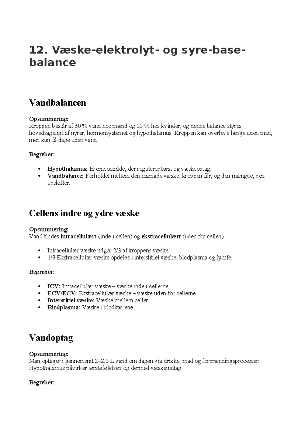 12. Væske-, Elektrolyt- og Syre-Base-Balance Opsummering - Studocu