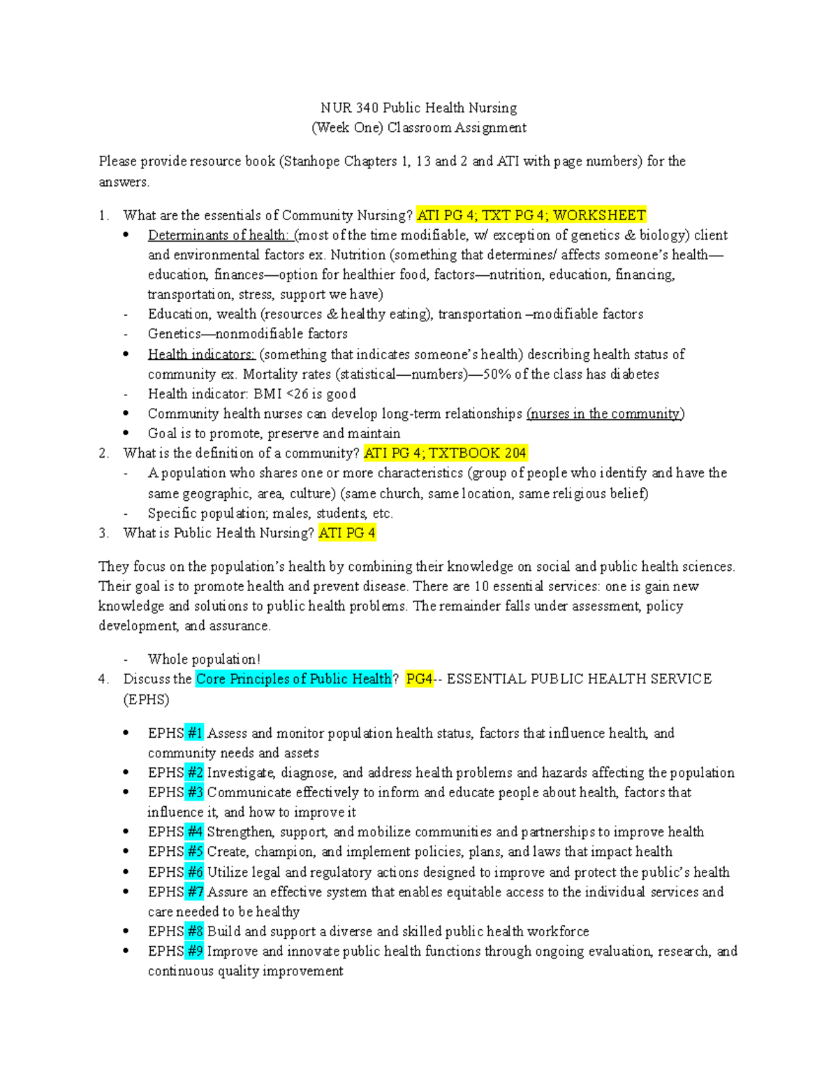 Week 1 - test 1 - NUR 340 Public Health Nursing (Week One) Classroom ...