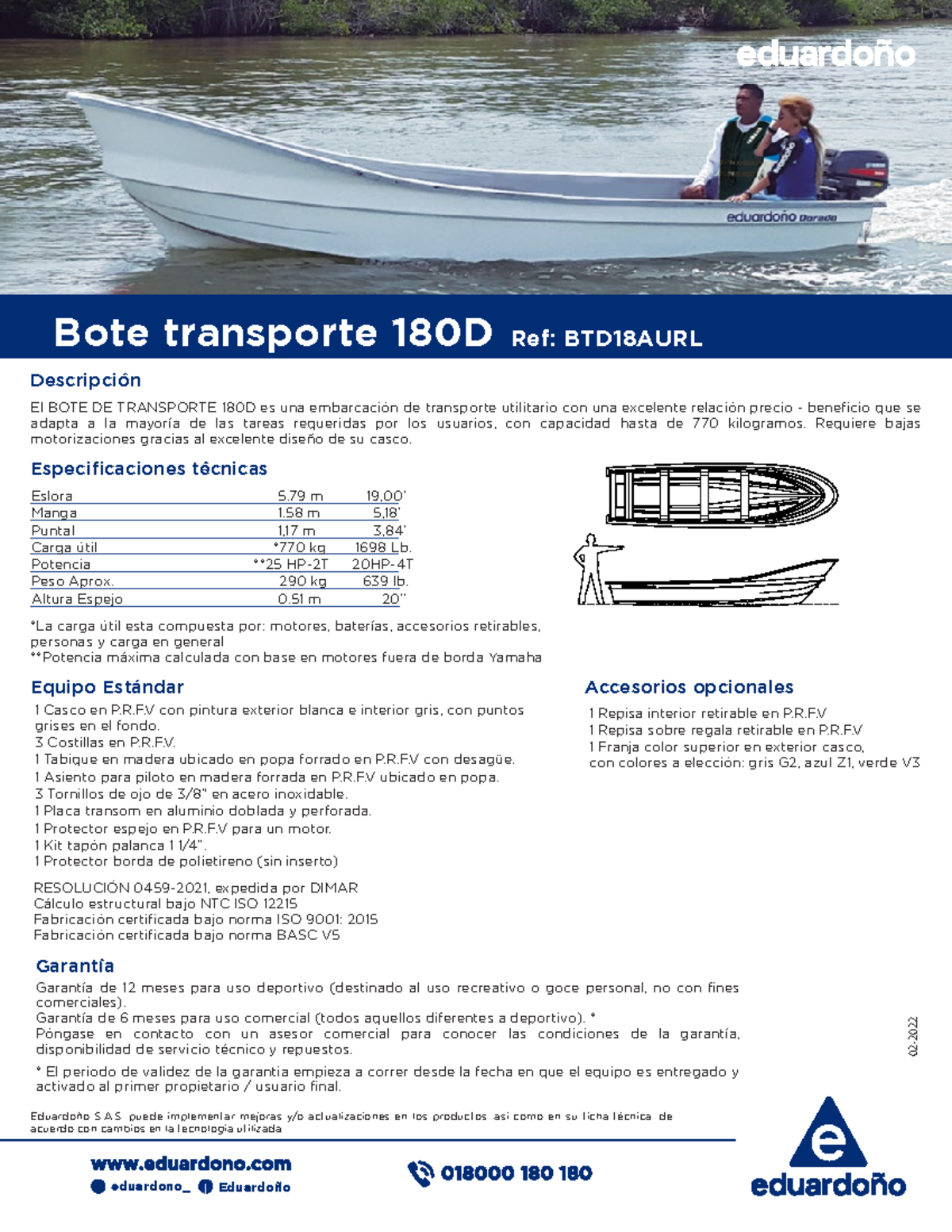 Ficha Bote transporte 180D - 5 m 1 m 1,17 m *770 kg **25 HP-2T 290 kg 0 ...