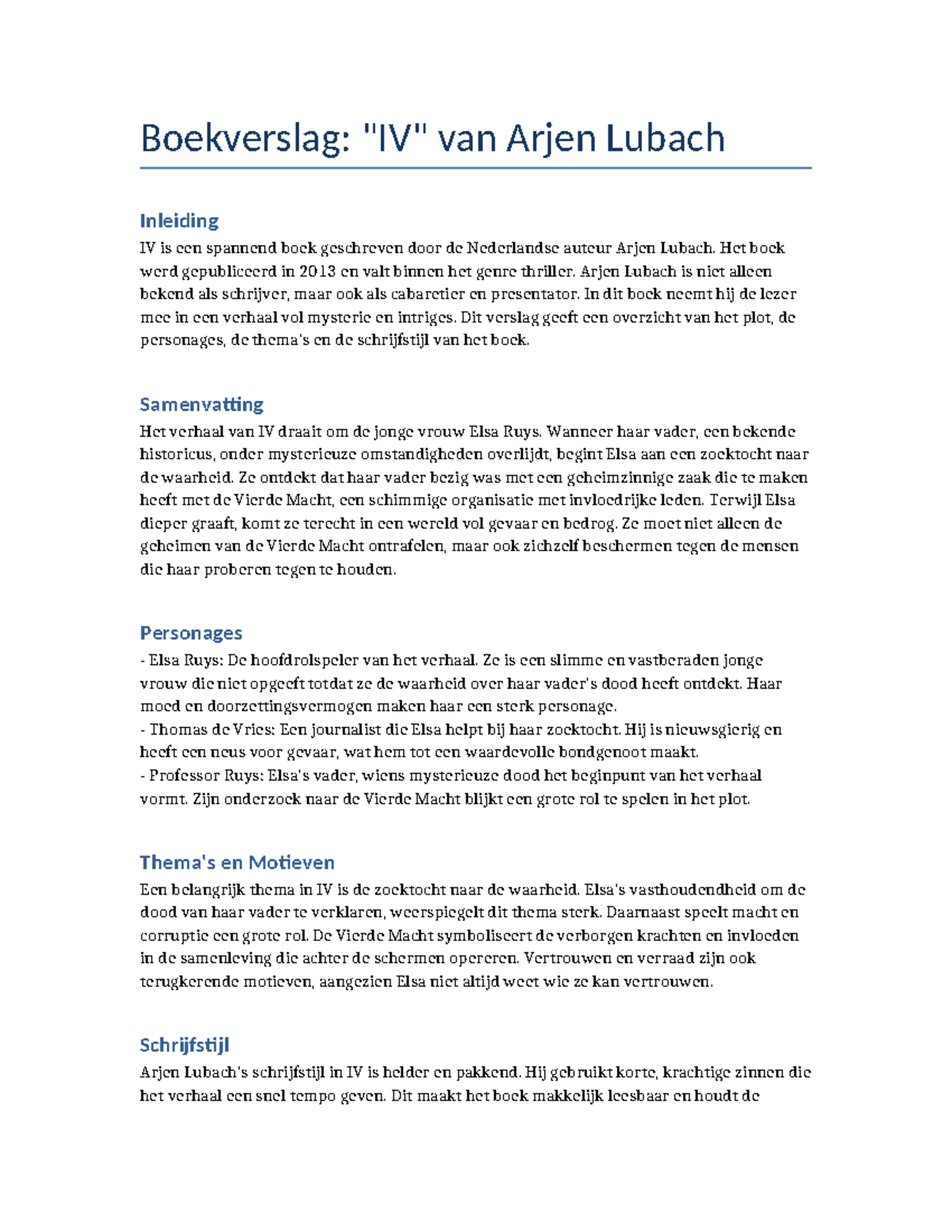 Boekverslag over "IV" van Arjen Lubach - Literatuur Analyse - Studeersnel