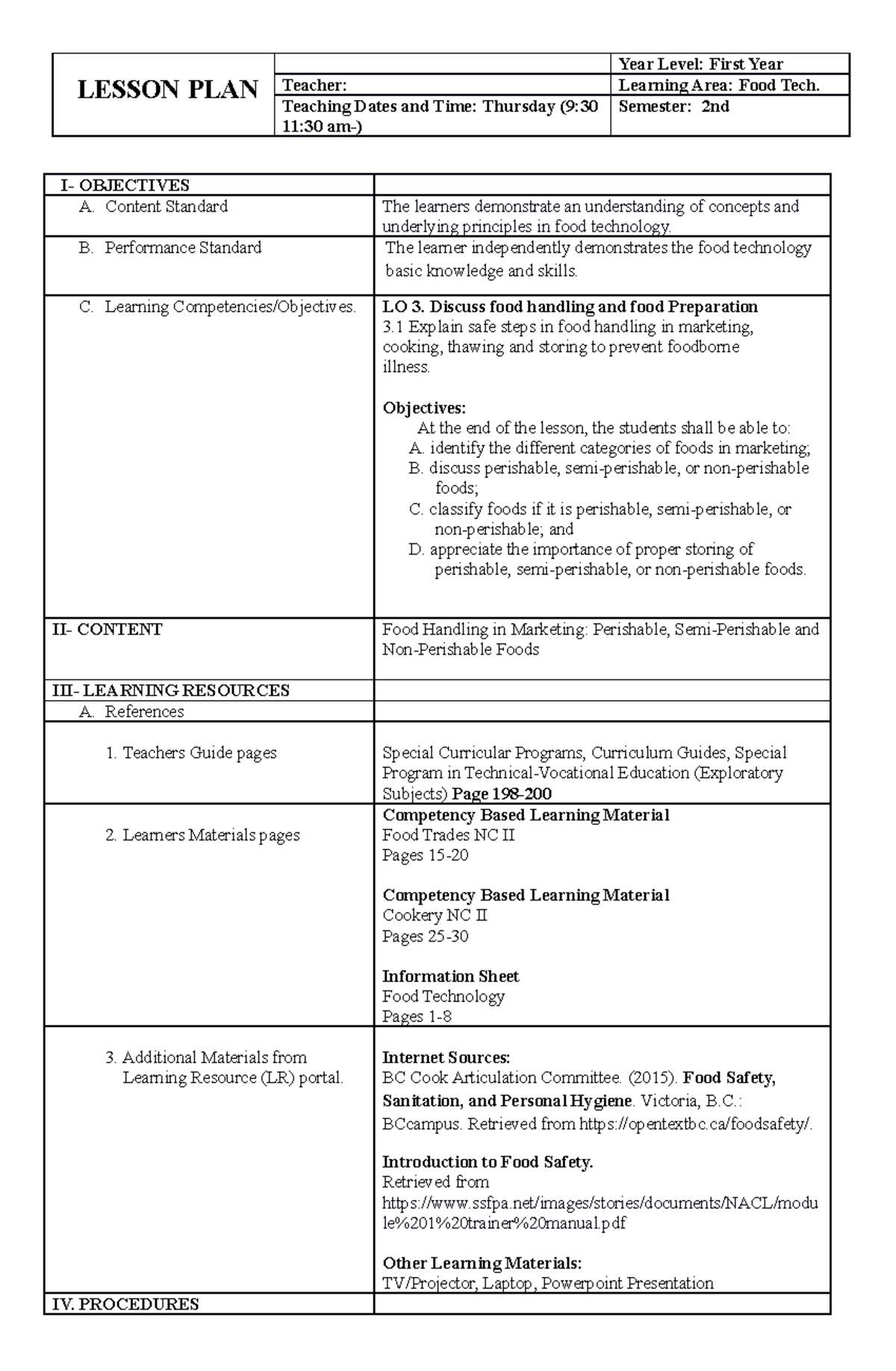Lesson Plan: Food Tech 7 - Food Handling and Storage Strategies - Studocu