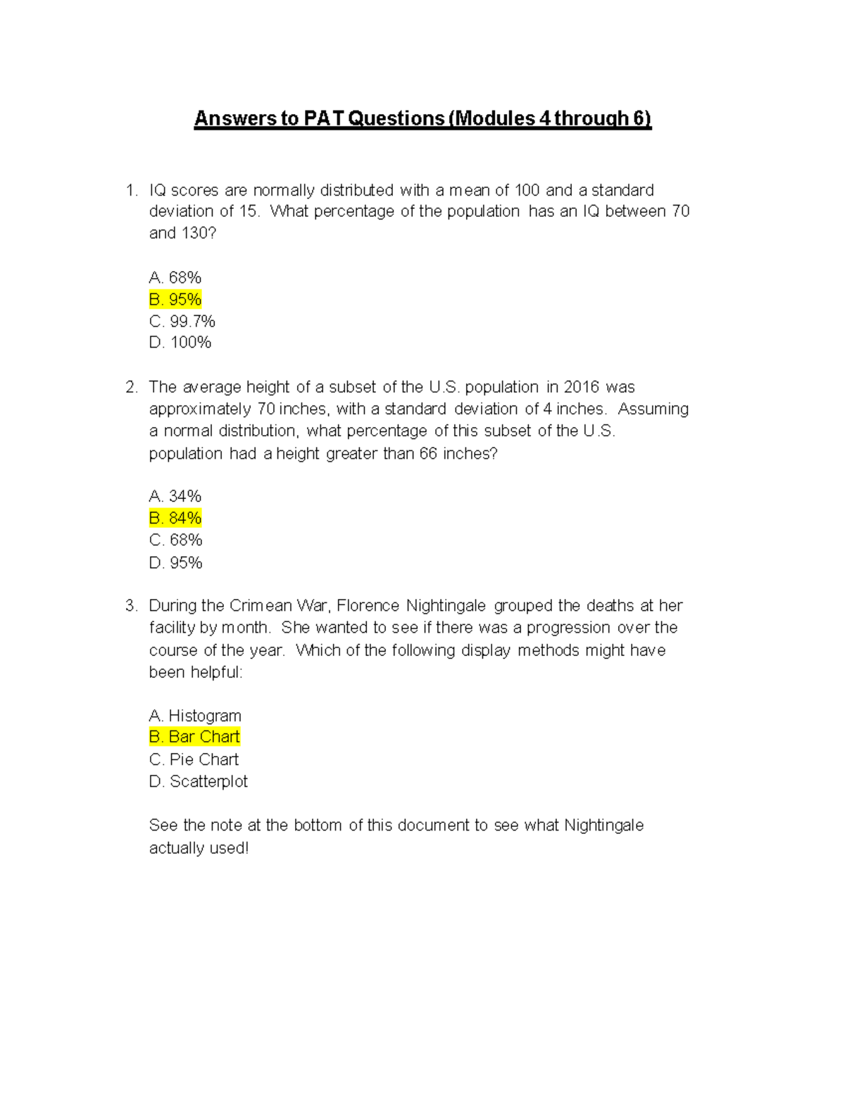 Answers to PAT Questions (M4-M6) - Statistics & Data Analysis - Studocu