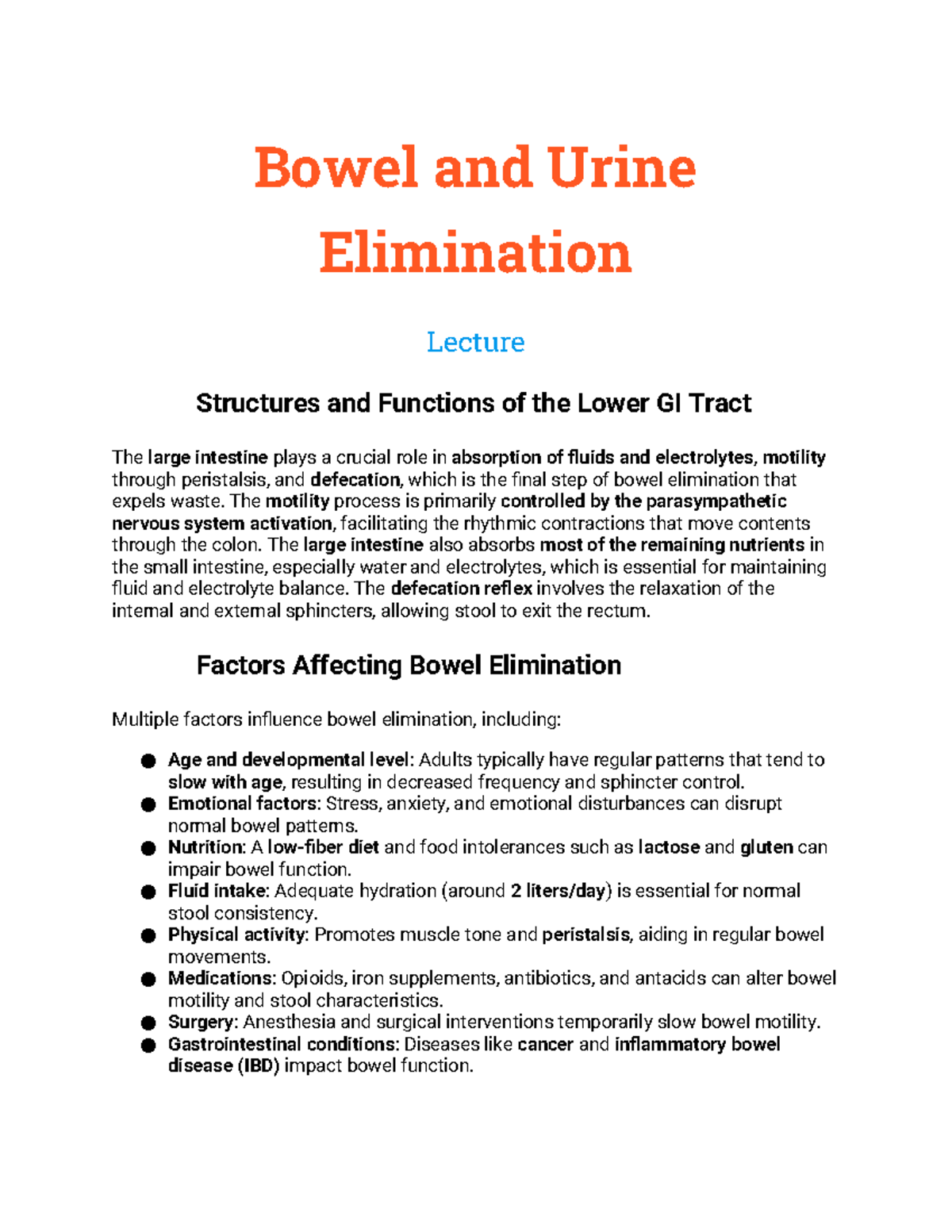 Bowel and Urine Elimination Lecture: Structures, Functions, and ...