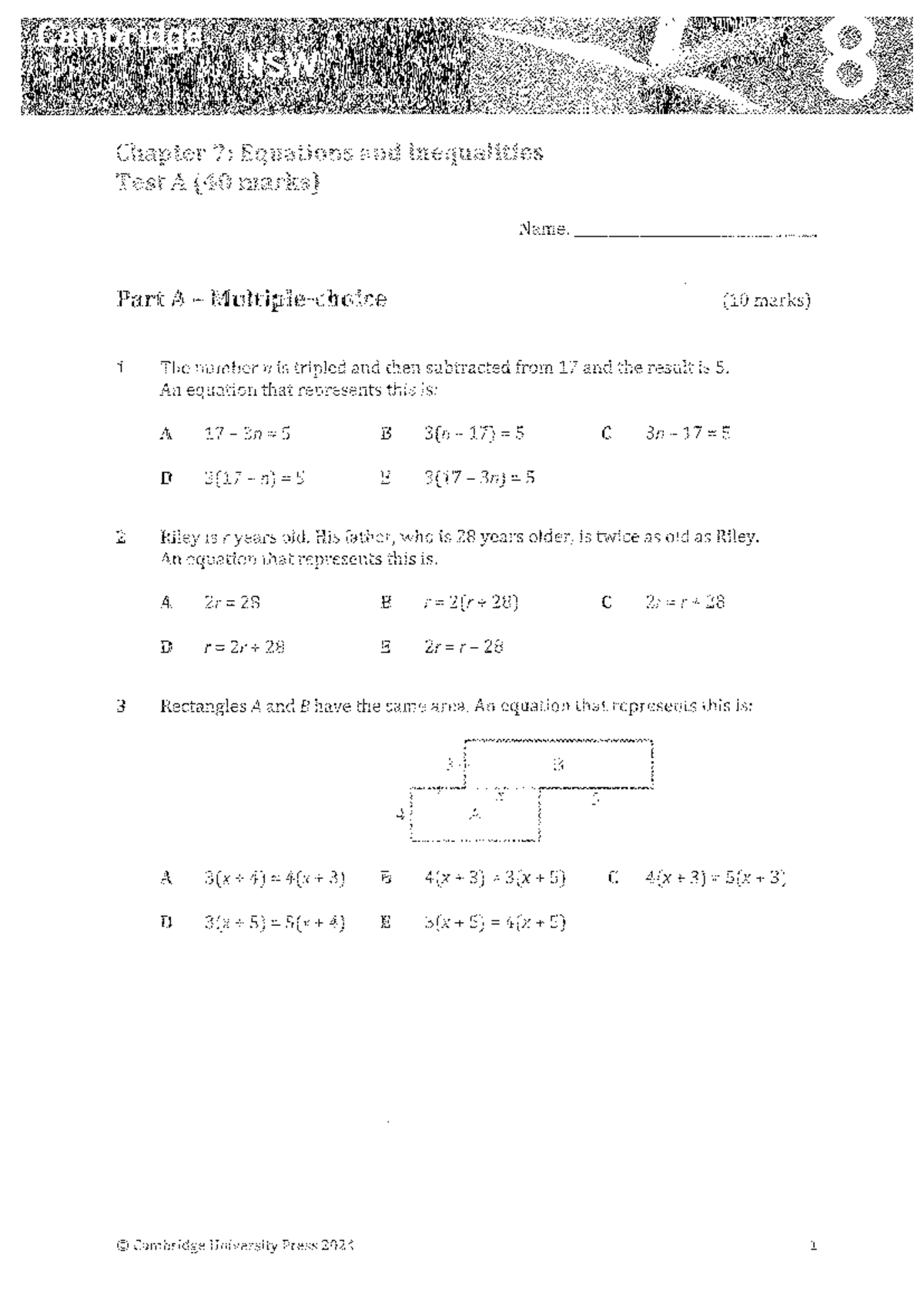 CambridgeMATHS NSW 8 STAGE 4 Chapter 7: Equations & Inequalities Test A ...