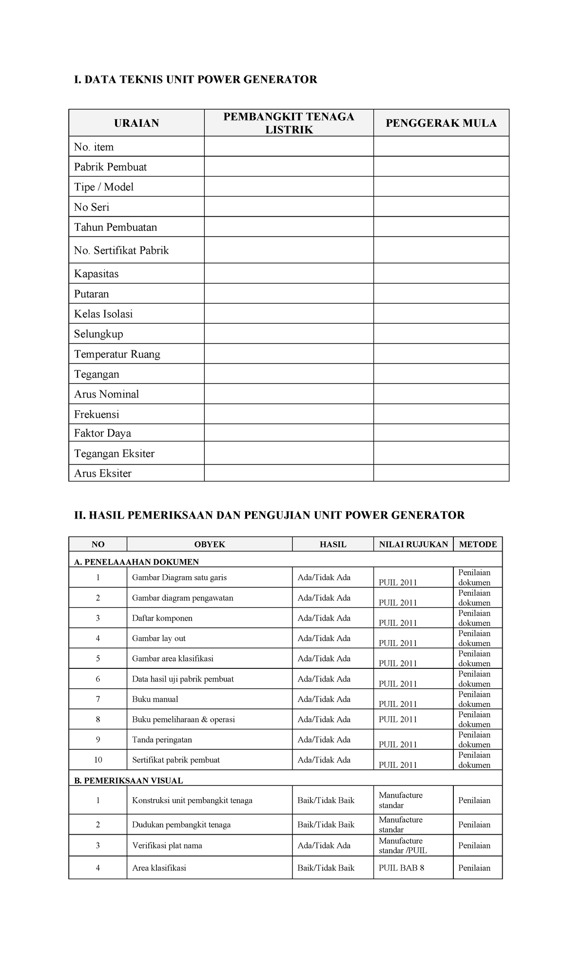Checklist Riksa Uji Genset - Data Teknis & Hasil Pemeriksaan - Studocu