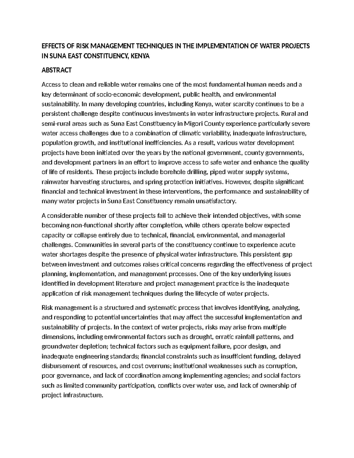 Effects of Risk Management Techniques on Water Projects in Suna East ...