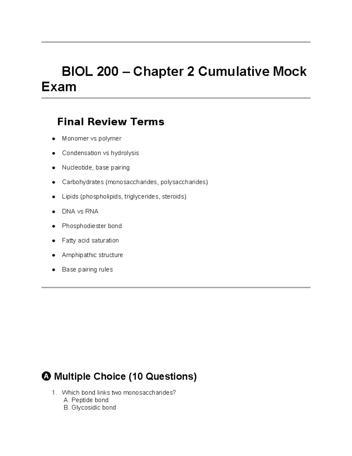 BIOL 200 Chapter 2 Final Review: Monomers, Polymers, and Key Concepts - Studocu