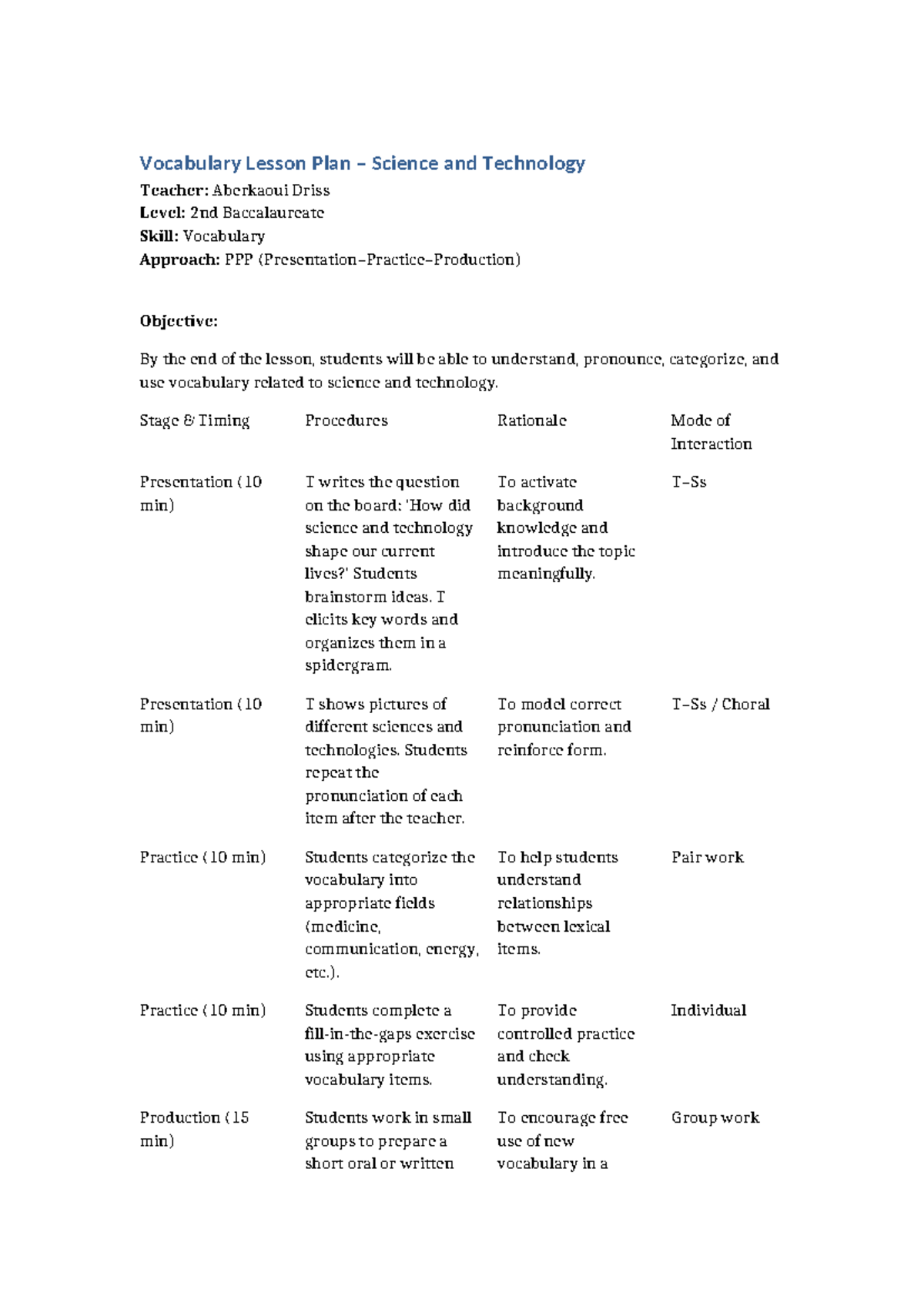 2nd Bac Vocabulary Lesson Plan: Science & Technology - Studocu
