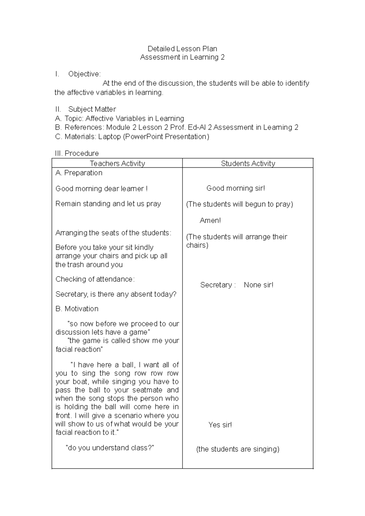Detailed Lesson Plan on Affective Variables in Learning 2 - Studocu