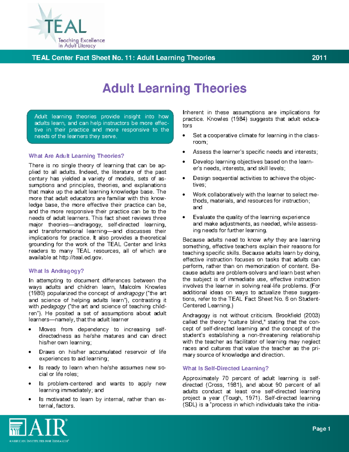 SGD - Adult Learning Theories: Andragogy, SDL, and Transformational ...