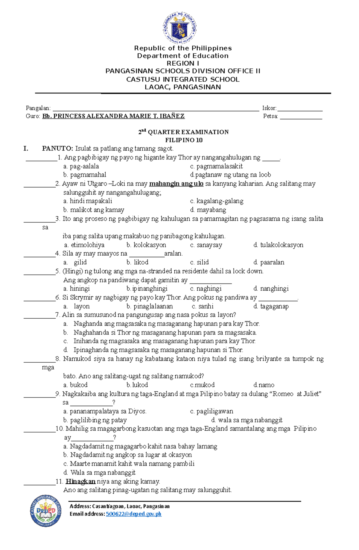 2nd Quarter Exam Notes for Filipino 10 (FIL 10) - Studocu