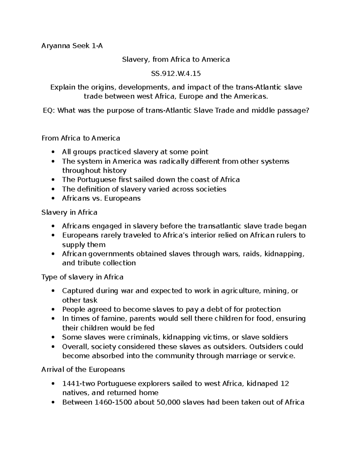 Trans-Atlantic Slave Trade: Origins & Impact (SS.912.W.4.15) - Studocu