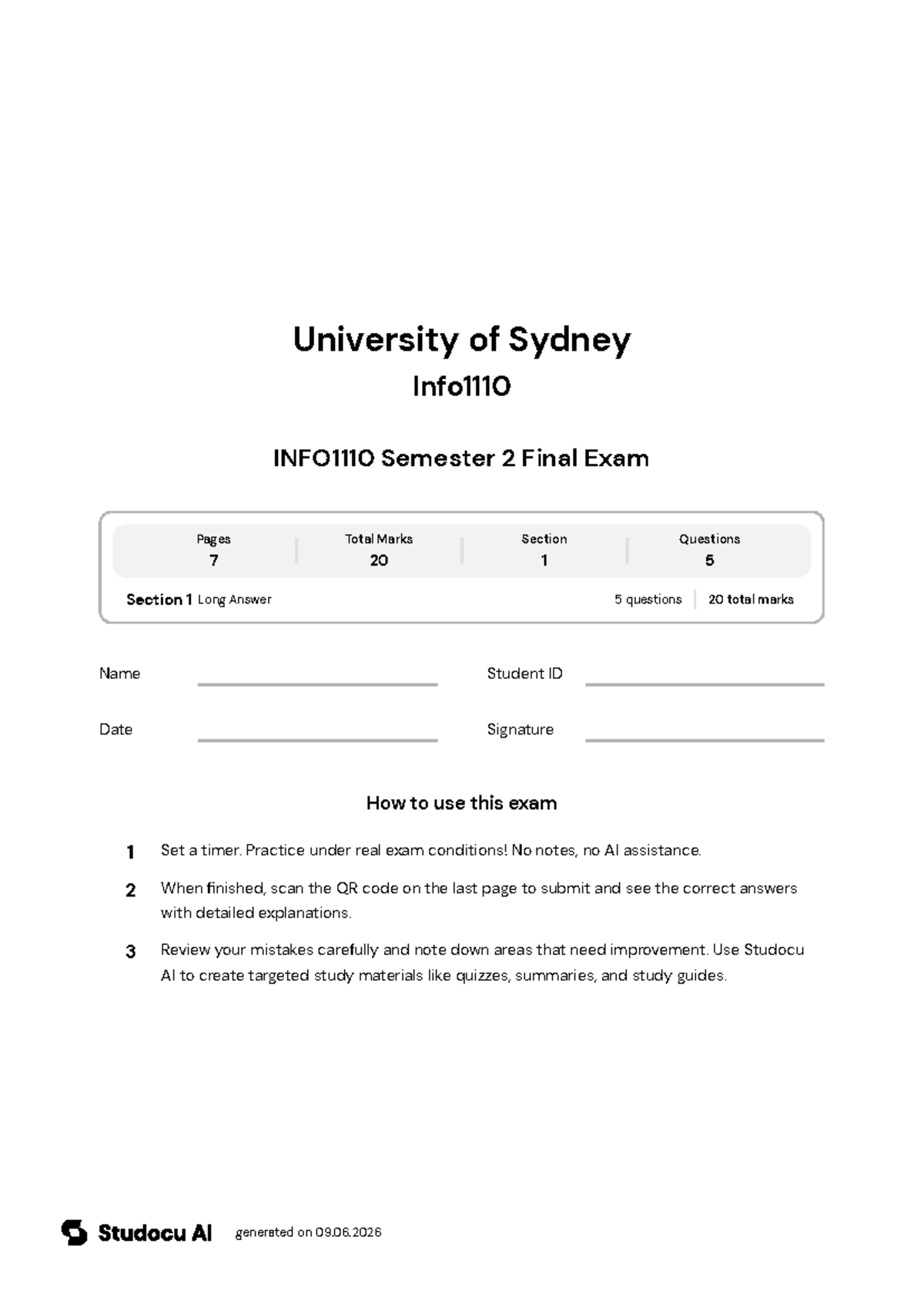 INFO1110 Semester 2 Final Exam - Studocu