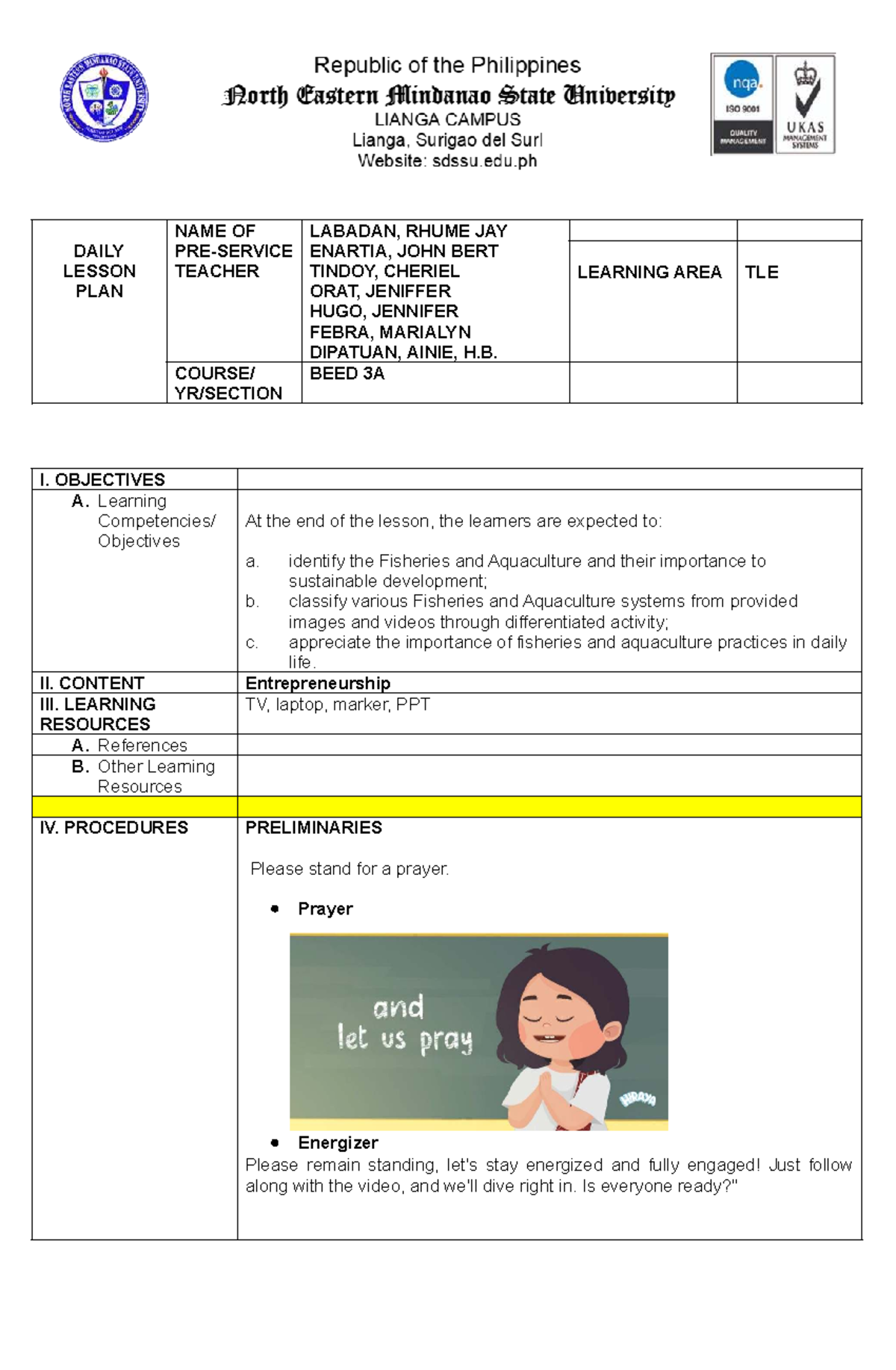 TLE 102 Group 6 - Daily Lesson Plan on Fisheries and Aquaculture - Studocu