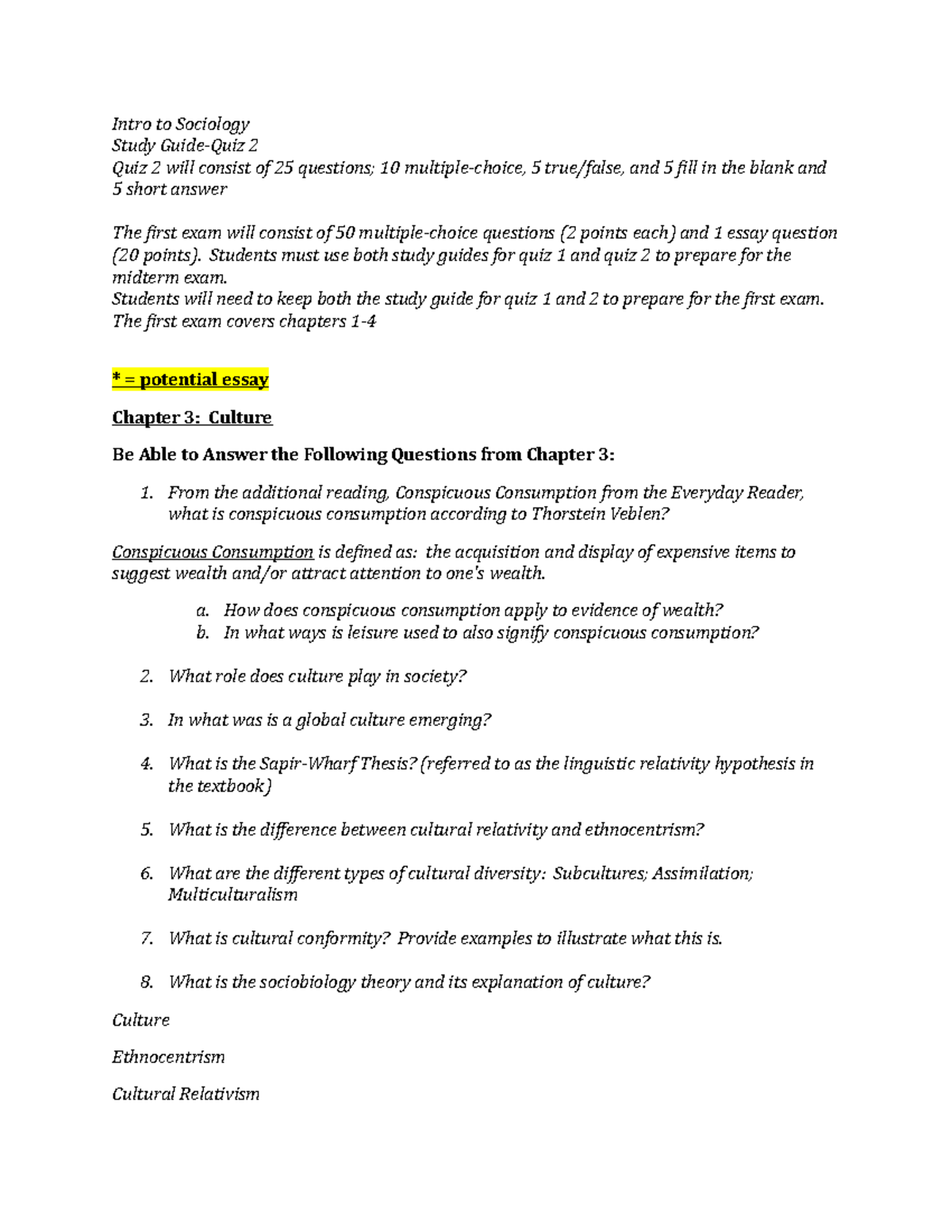 Intro to Sociology Study Guide for Quiz 2 and Midterm Prep - Studocu