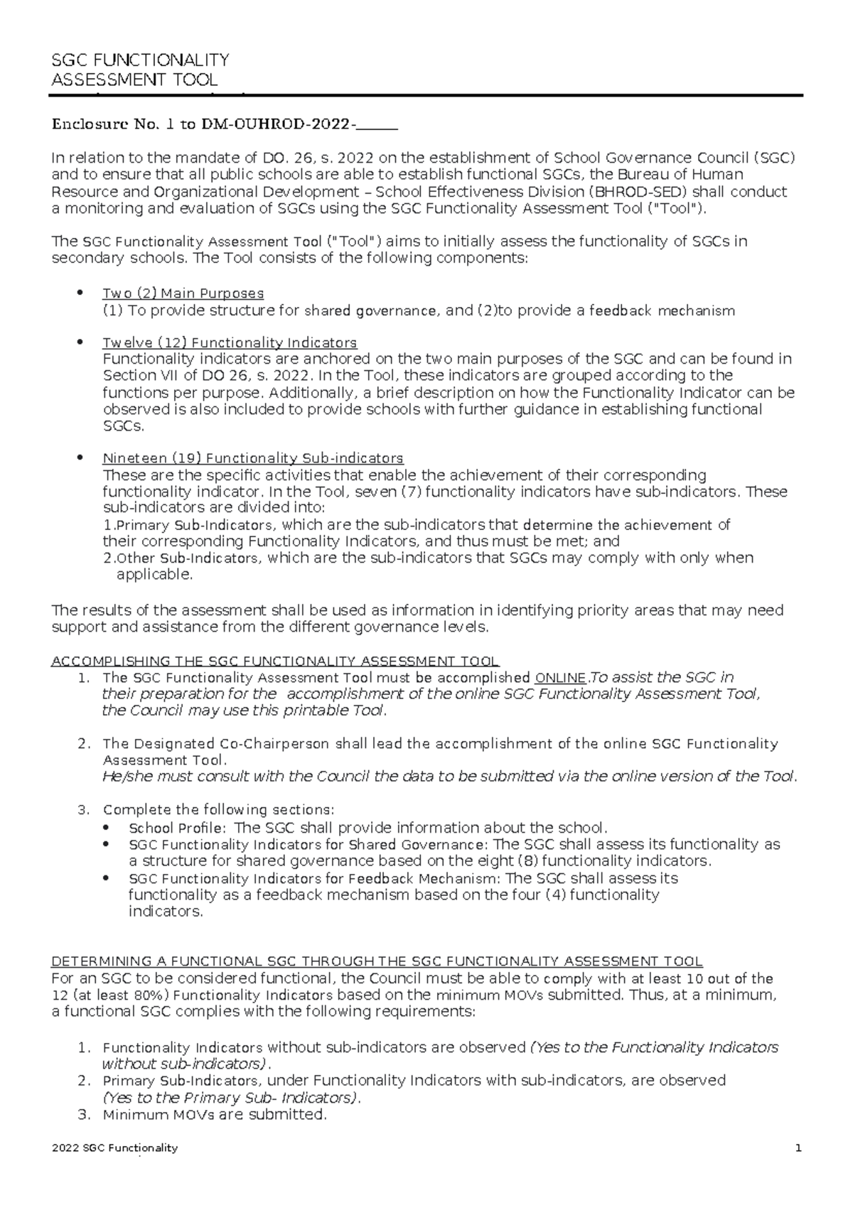 SGC Functionality Assessment Tool for Elementary Schools (DO 26, s ...