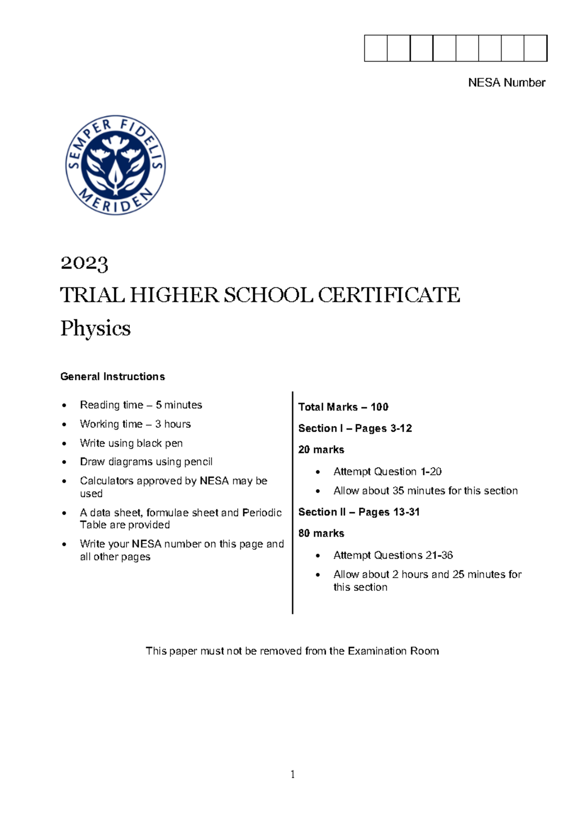 2023 NESA TRIAL HSC Physics Exam Paper - General Instructions - Studocu