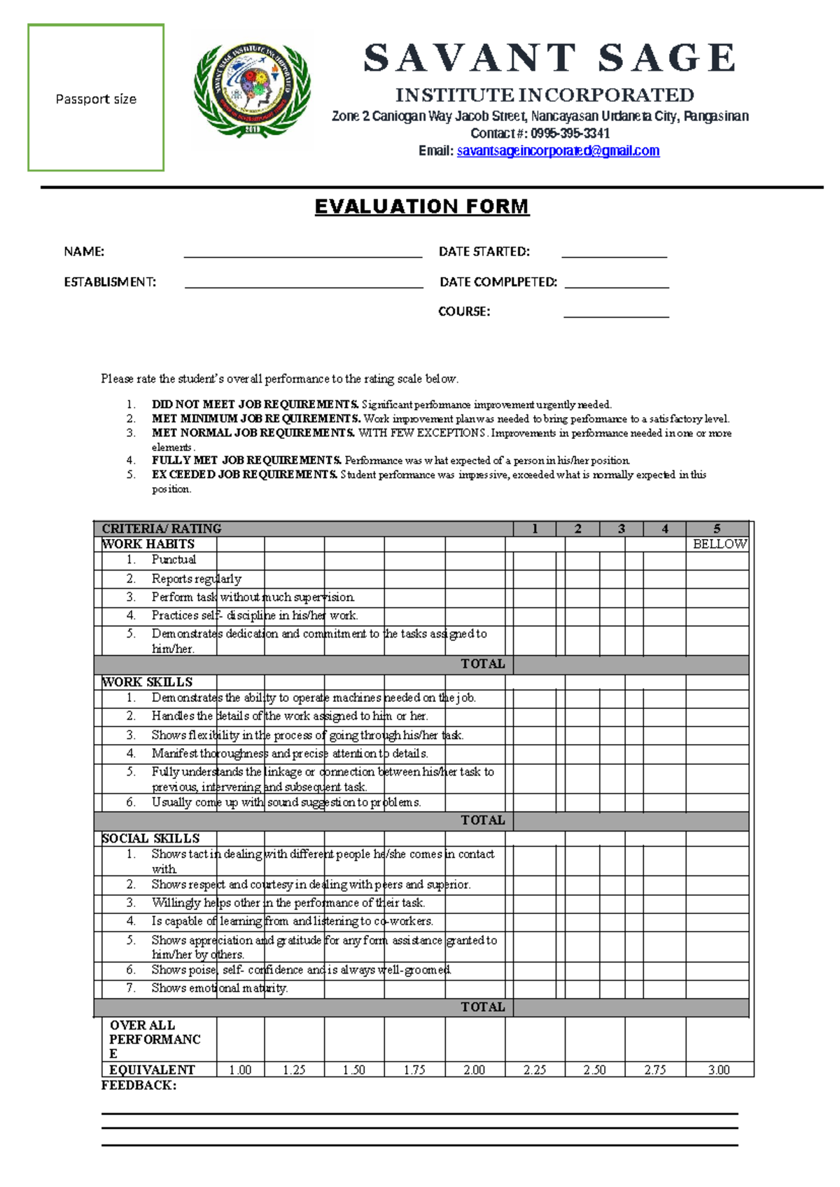 SAVANT SAGE INSTITUTE INC. Attendance Monitoring & Evaluation Form ...