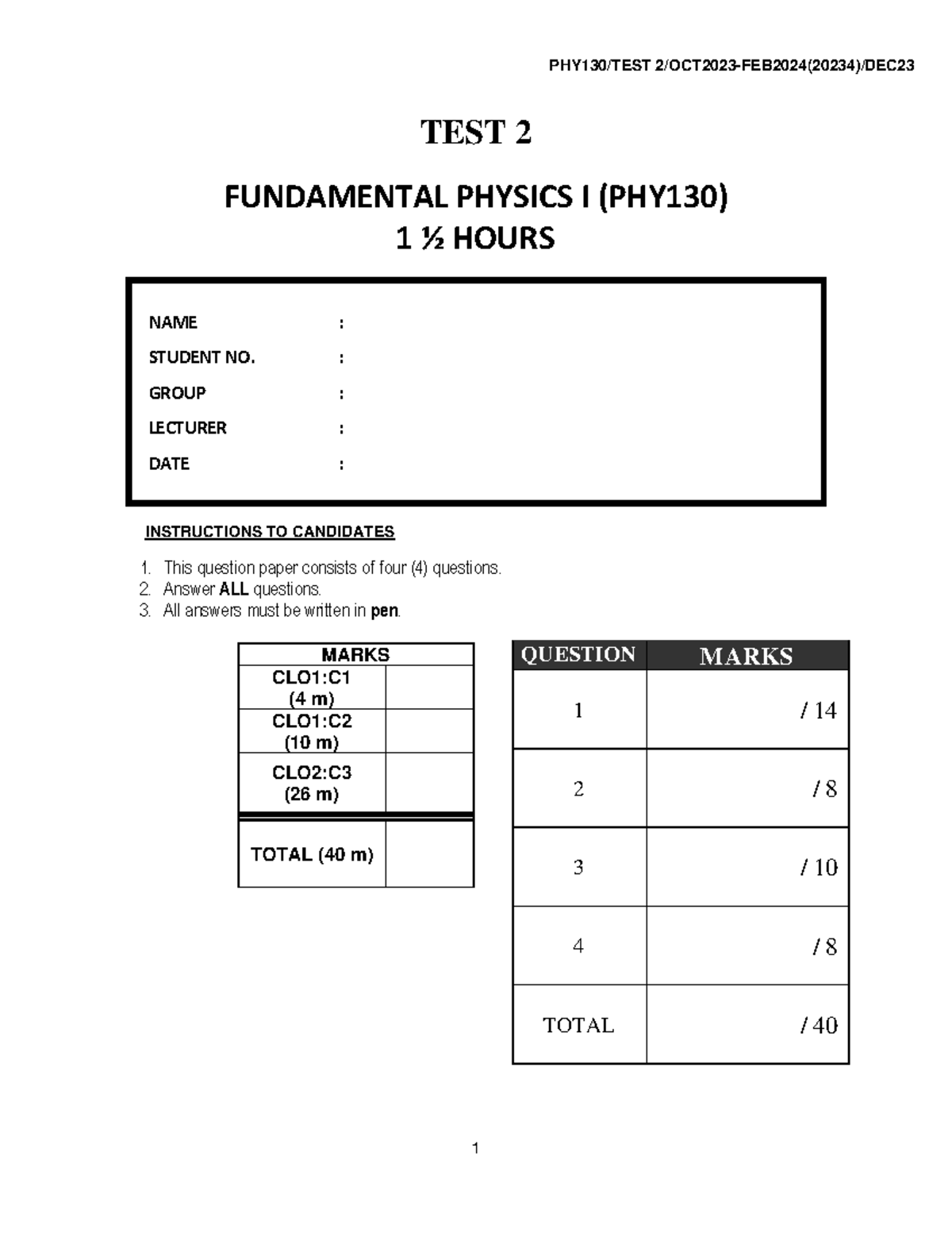 2. PHY130 - TEST 2-SET 1- SEPT23-FEB24 - TEST 2 FUNDAMENTAL PHYSICS I ...