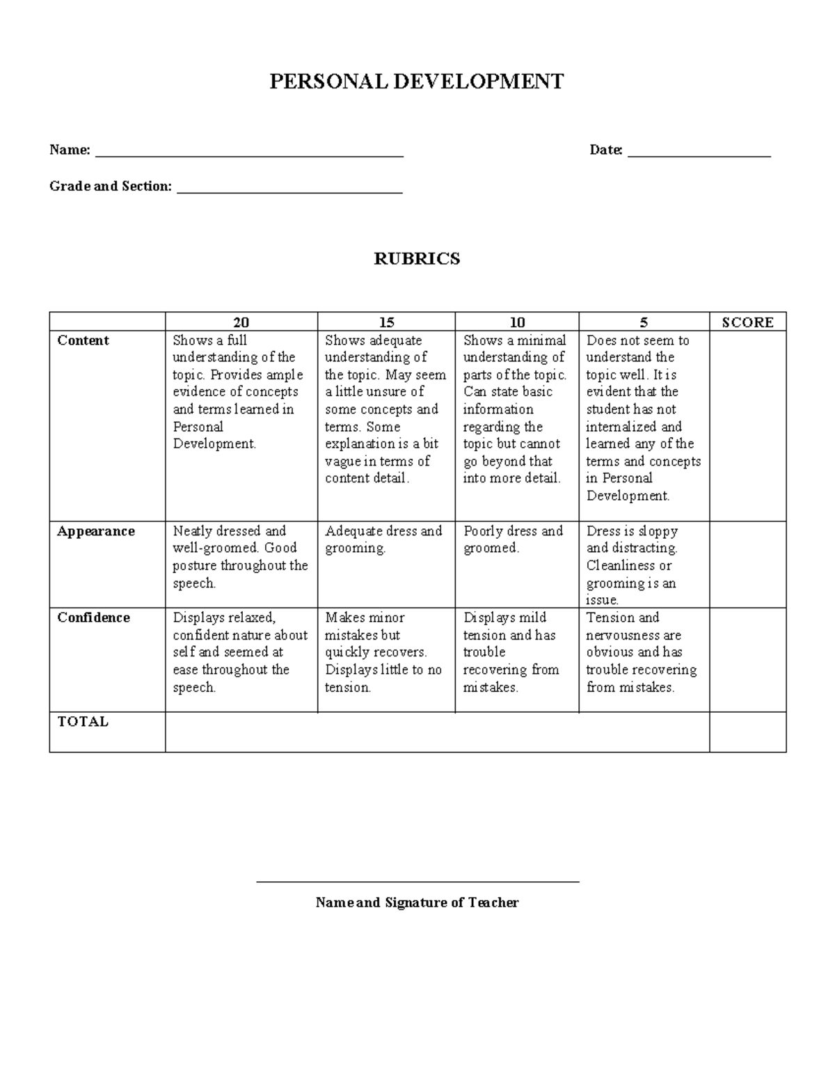 Personal Development Rubrics for Assessment - Studocu