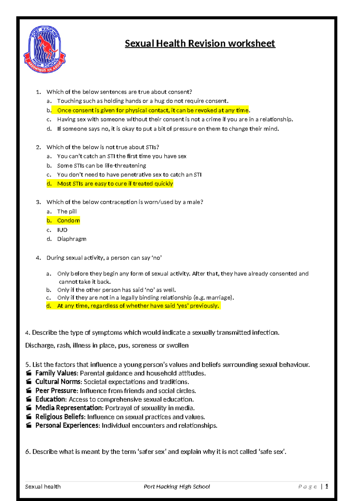 Sexual Health Revision Worksheet 1: Key Concepts and Practices - Studocu