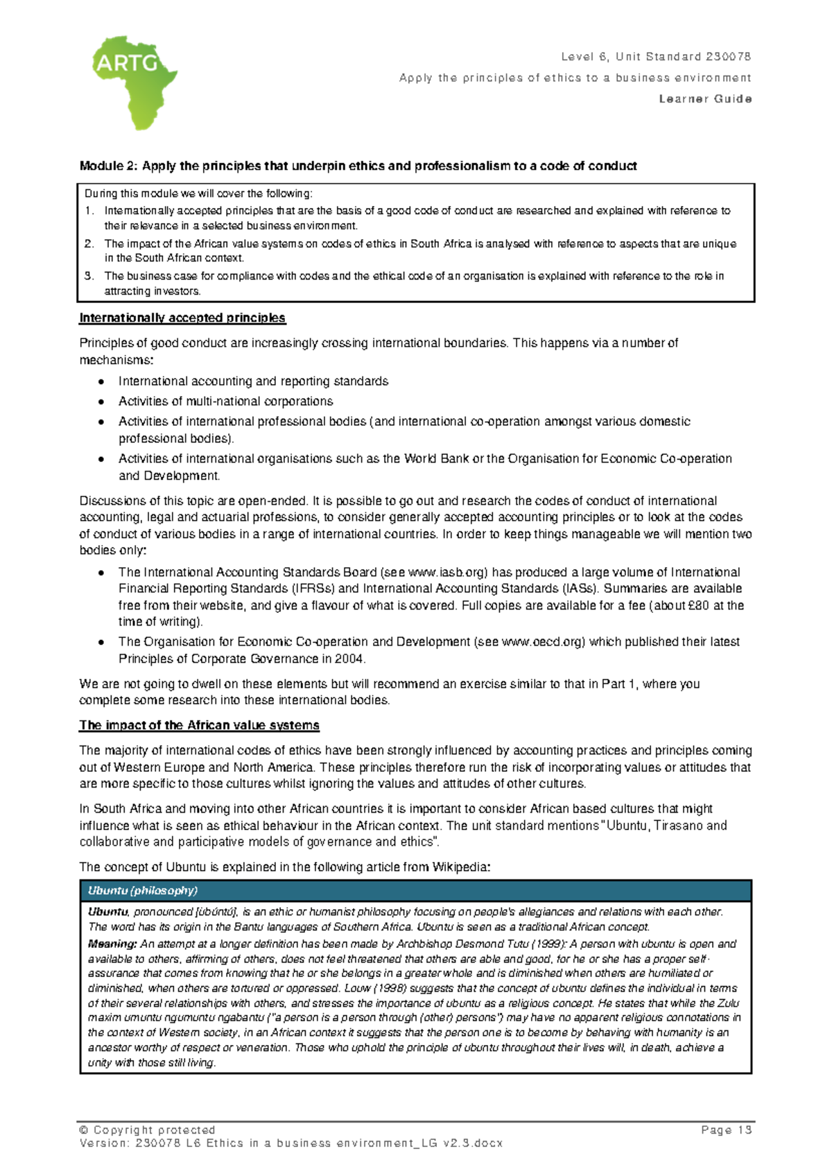 Level 6, Unit Standard 230078: Ethics in Business Environment Learner ...