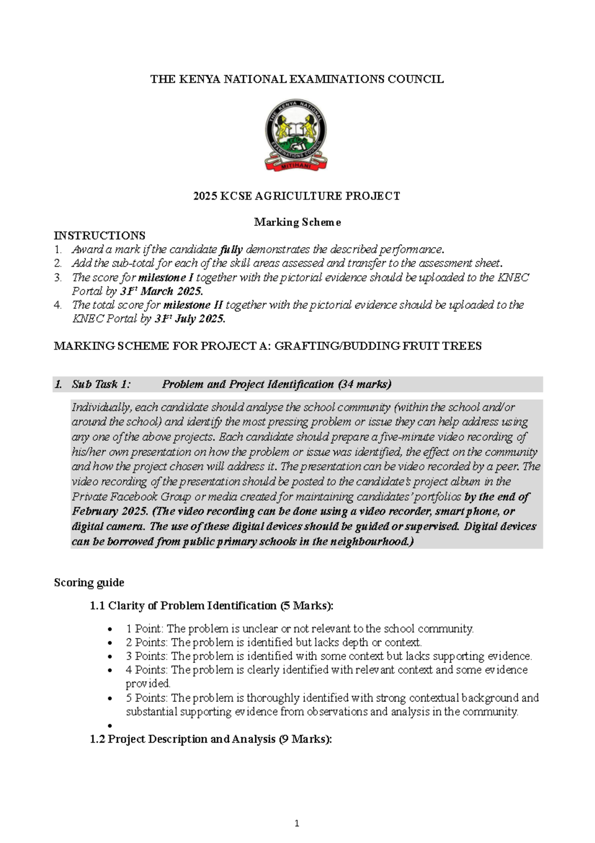 KCSE 2025 Agriculture Project Marking Scheme & Guidelines - Studocu