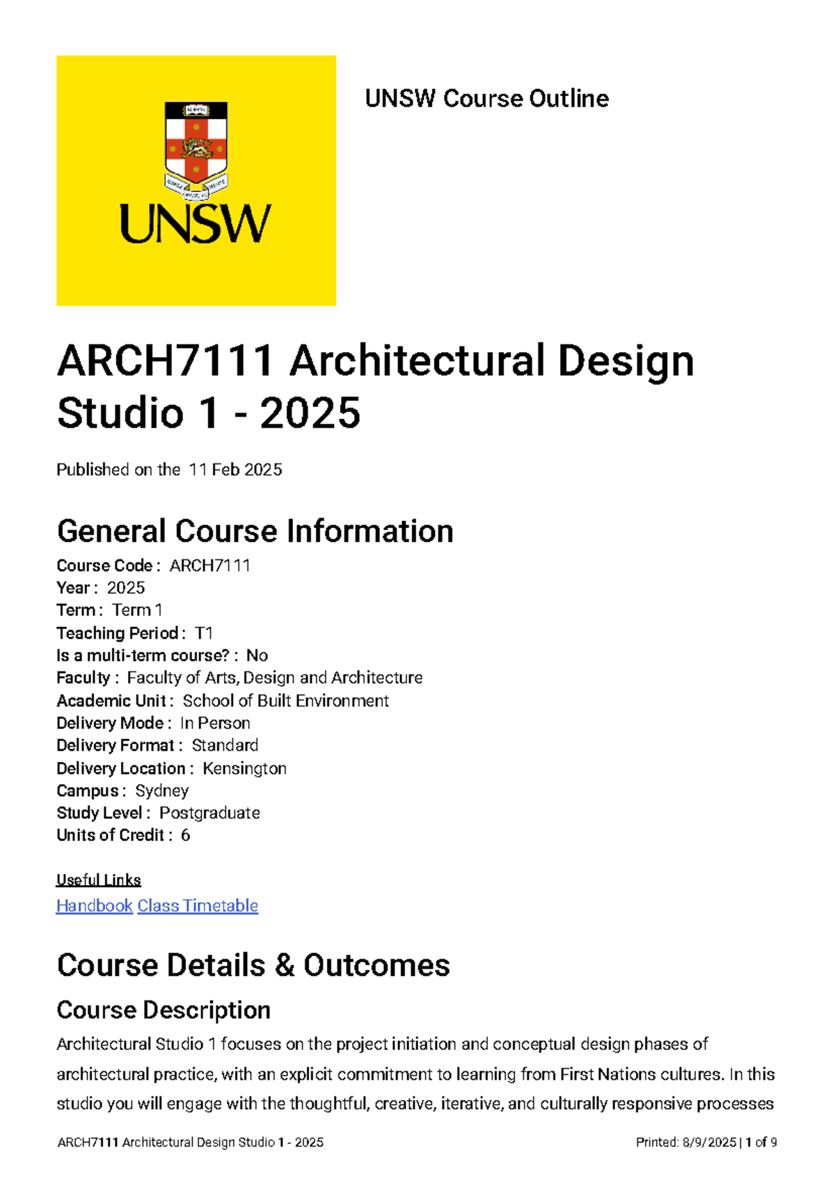 Architectural Design Studio 1 (CO ARCH7111) Course Outline 2025 T1 ...