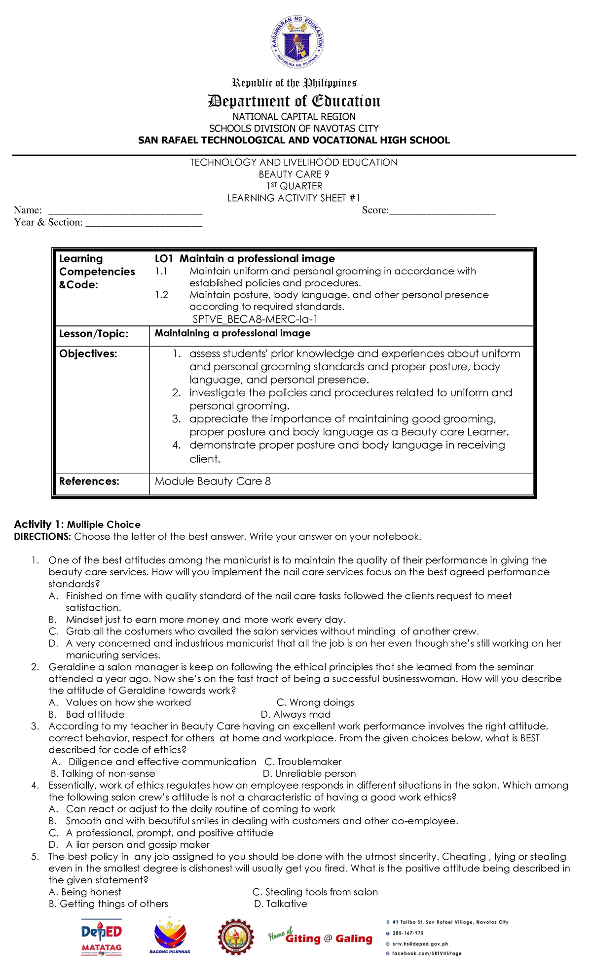 LAS 1 BC 8 - Learning Activity Sheet SPTVE BC8 week 1 - Department of ...