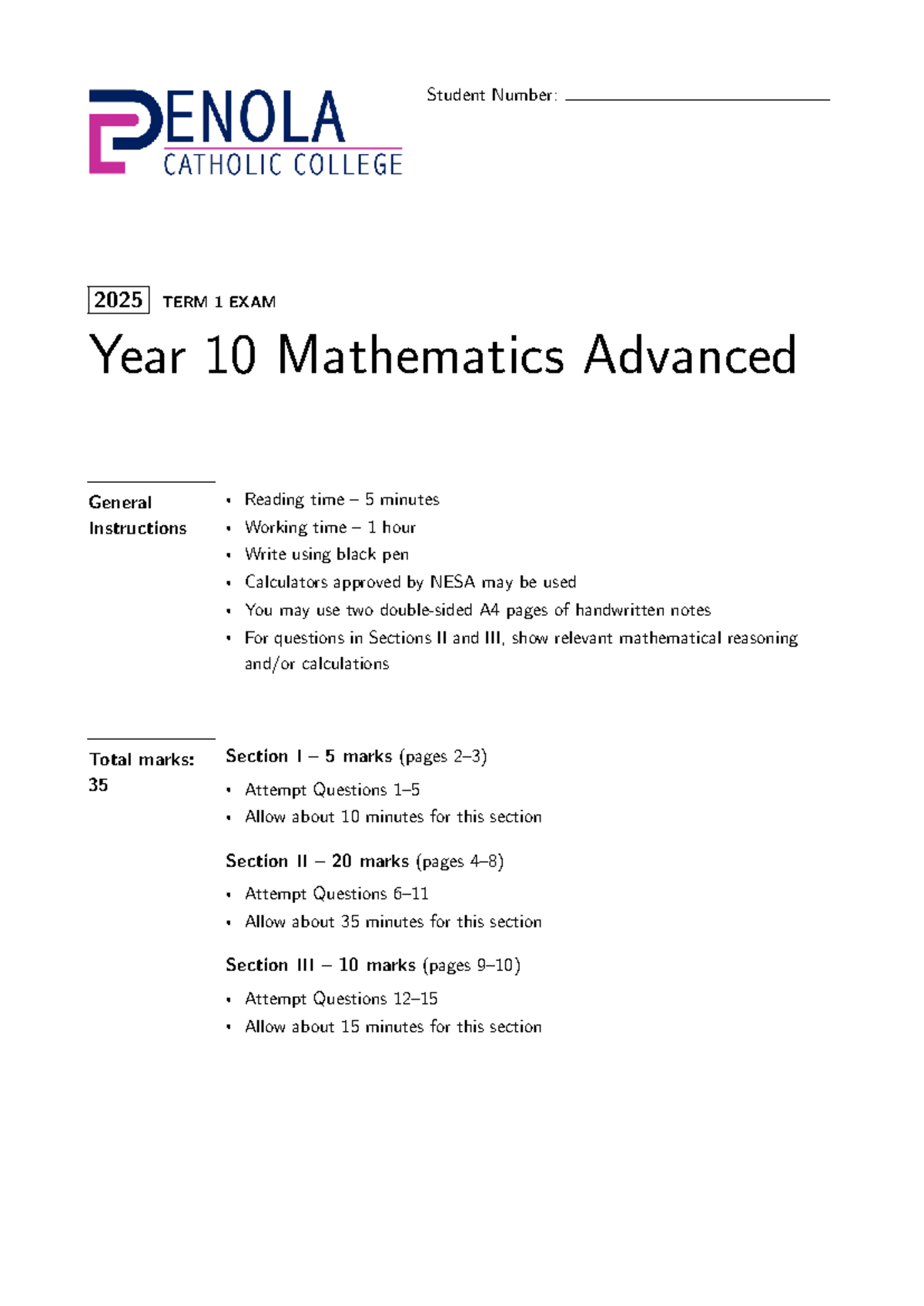 2025 Year 10 Term 1 Exam - Advanced Math Past Paper - Studocu