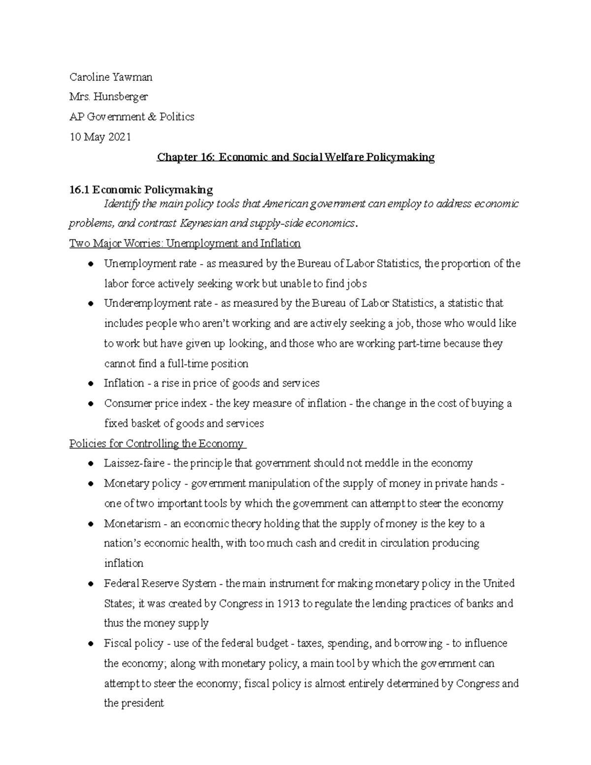 Textbook Chapter 16 Notes - Caroline Yawman Mrs. Hunsberger AP ...