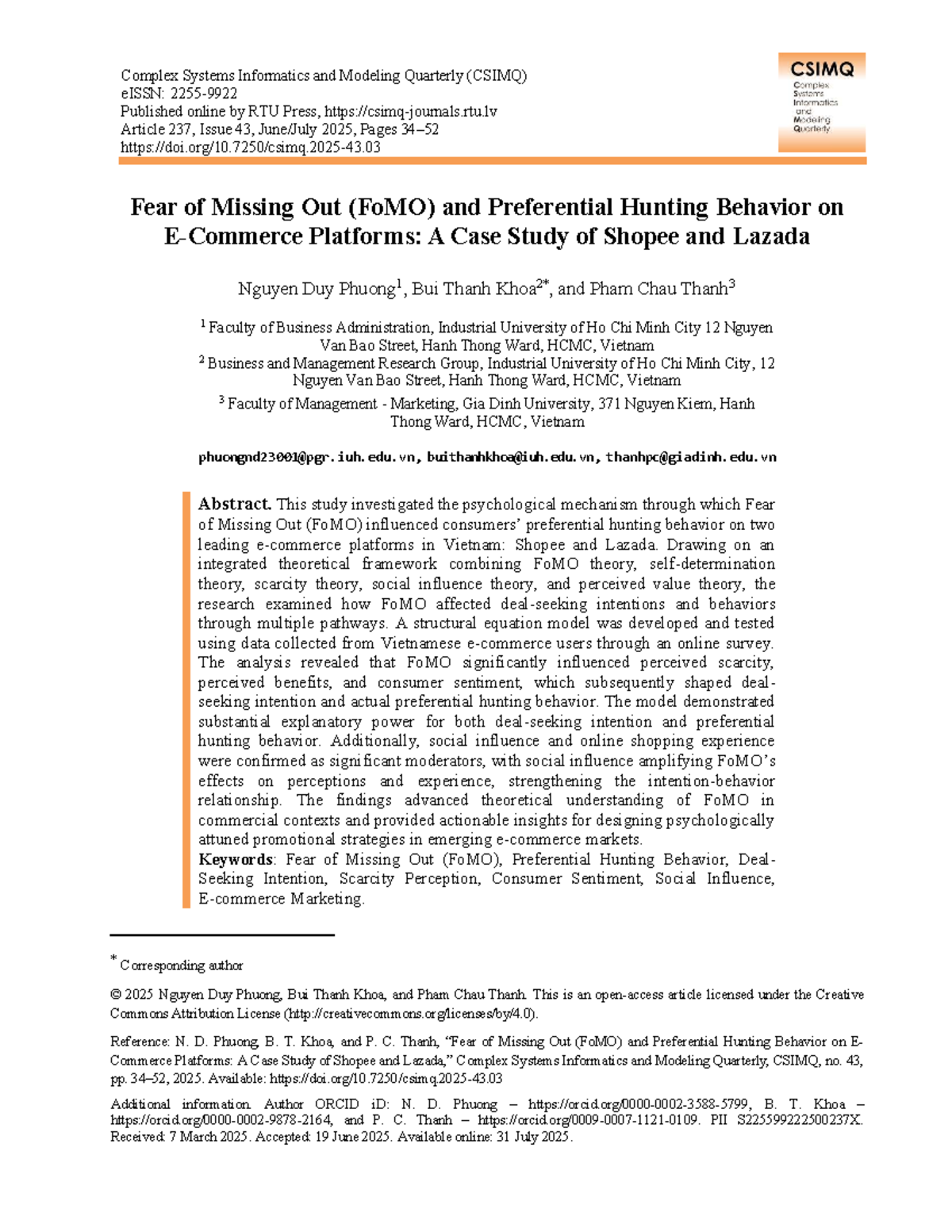 CSIMQ 43: FoMO and Preferential Hunting Behavior on E-Commerce ...