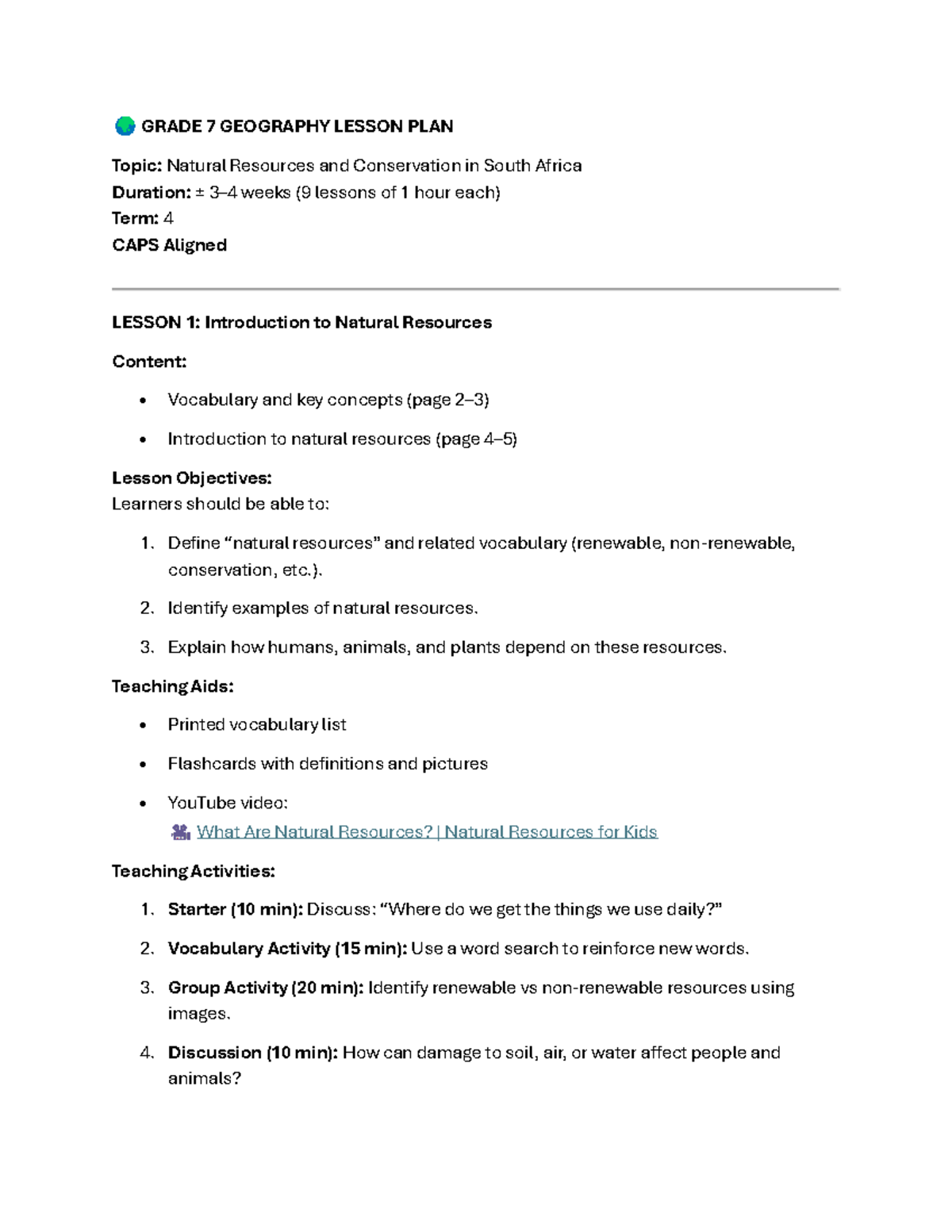 GRADE 7 GEOGRAPHY LESSON PLAN: Natural Resources & Conservation - Studocu
