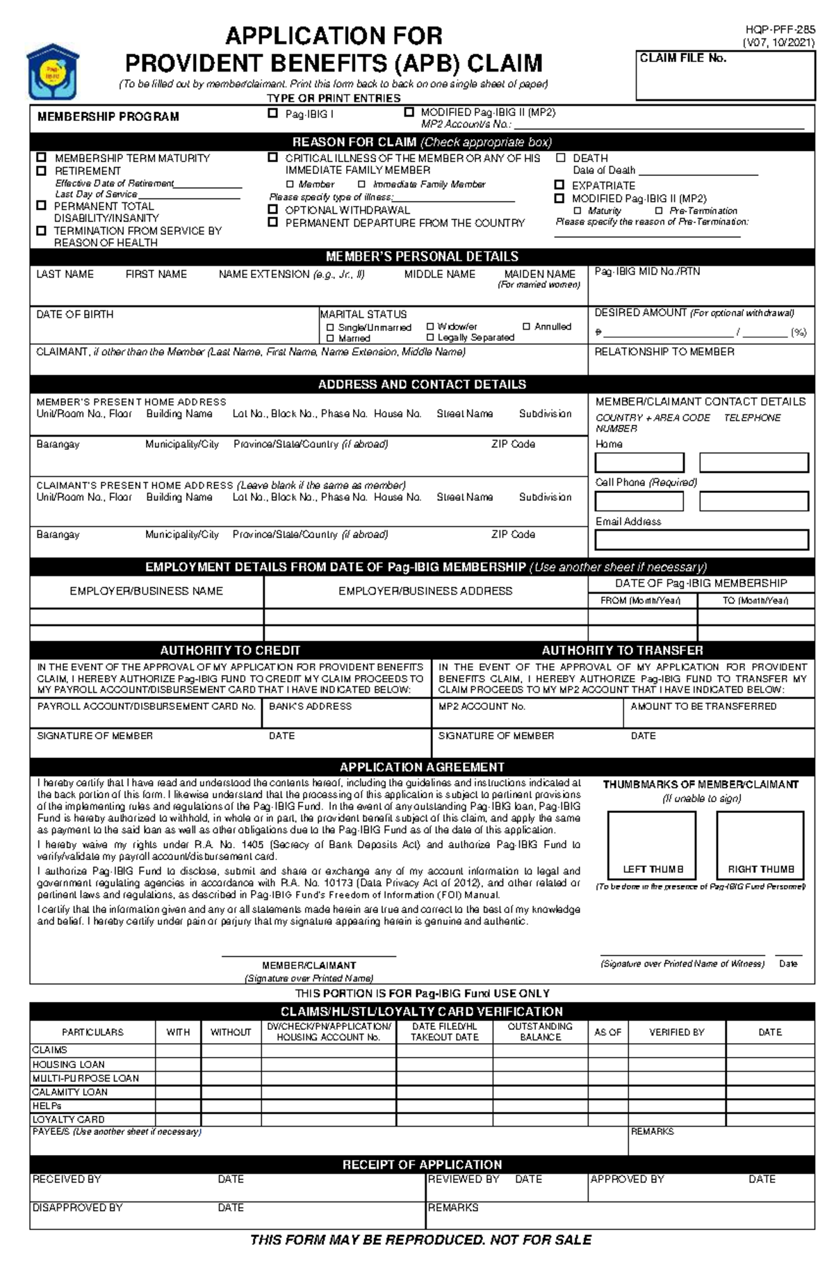 PFF285 Application for Provident Benefits Claim Form V07 - Studocu