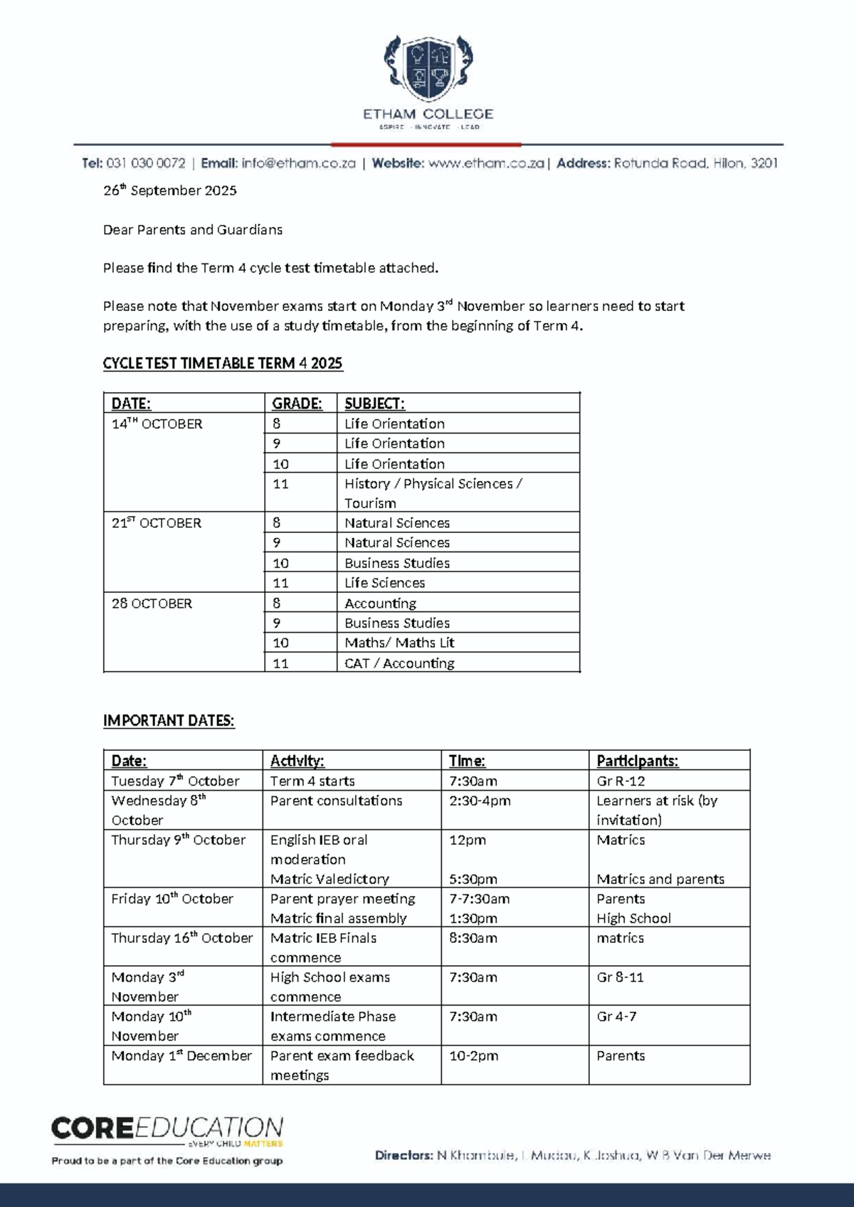 Term 4 2025 Test Timetable & Important Dates for Grades 8-11 - Studocu
