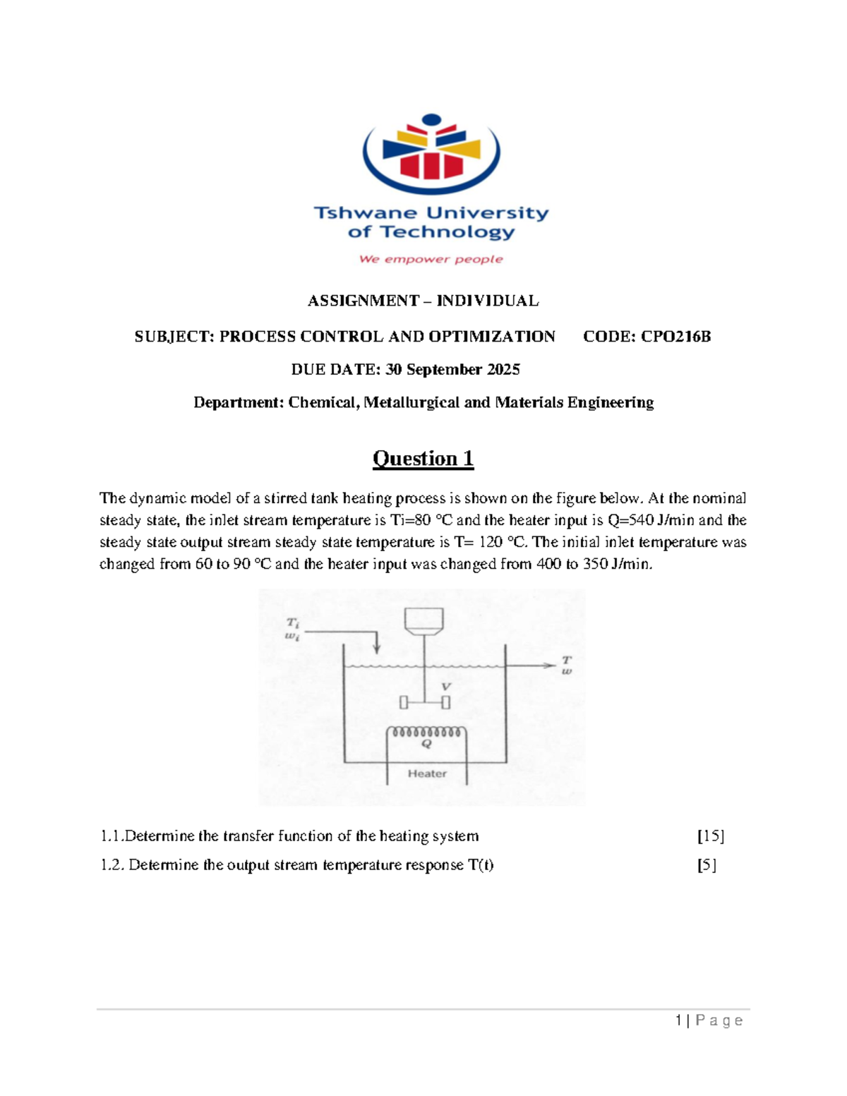 CPO216B 2025 Assignment 1: Process Control & Optimization - Studocu