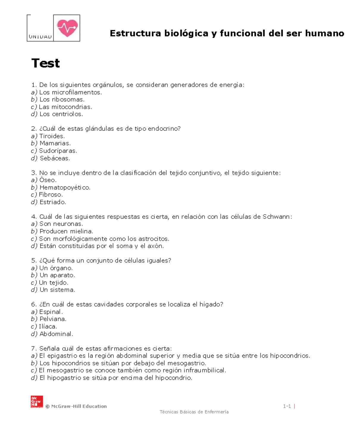Test McGraw 1: Estructura Biológica y Funcional del Ser Humano - Studocu