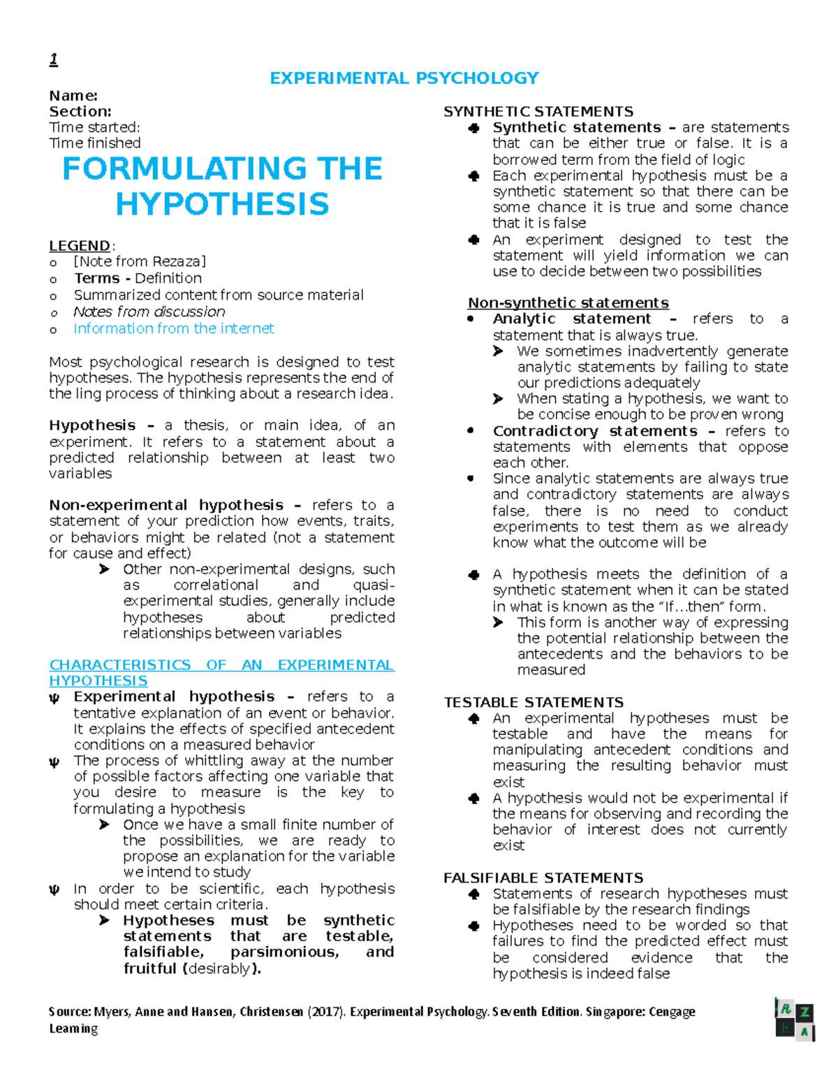 Experimental Psychology Lesson 4 Formulation of Hypothesis - EXPERIMENTAL PSYCHOLOGY Name ...