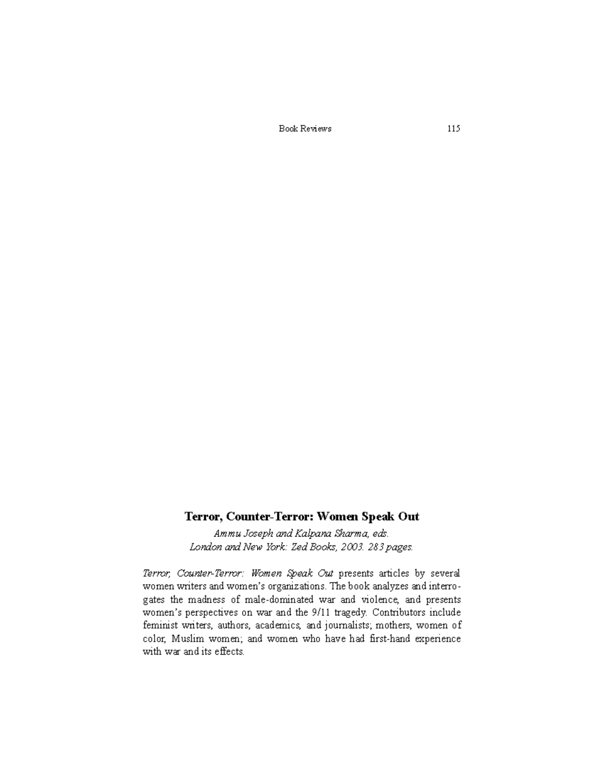 Book reviews 115: Terror, women speak out - Ammu Joseph and Kalpana ...