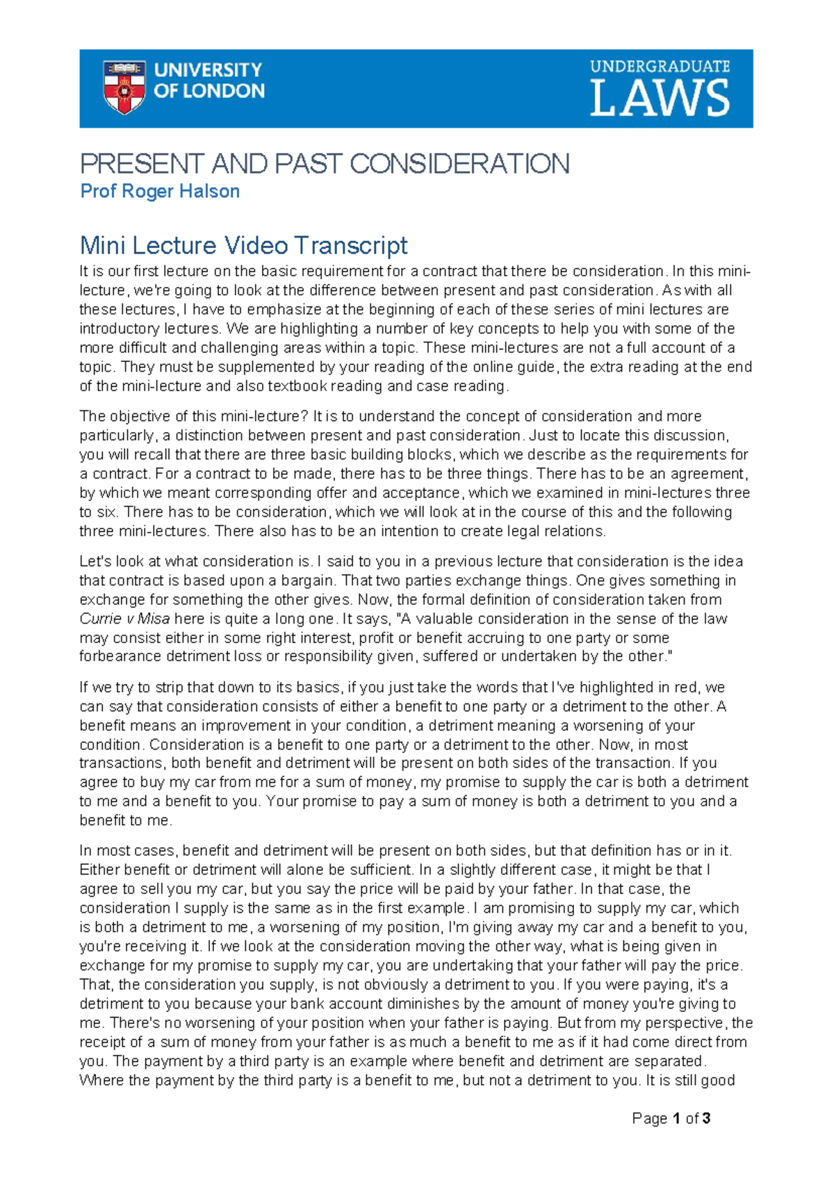 PRESENT AND PAST CONSIDERATION: A Mini Lecture on Contract Law - Studocu