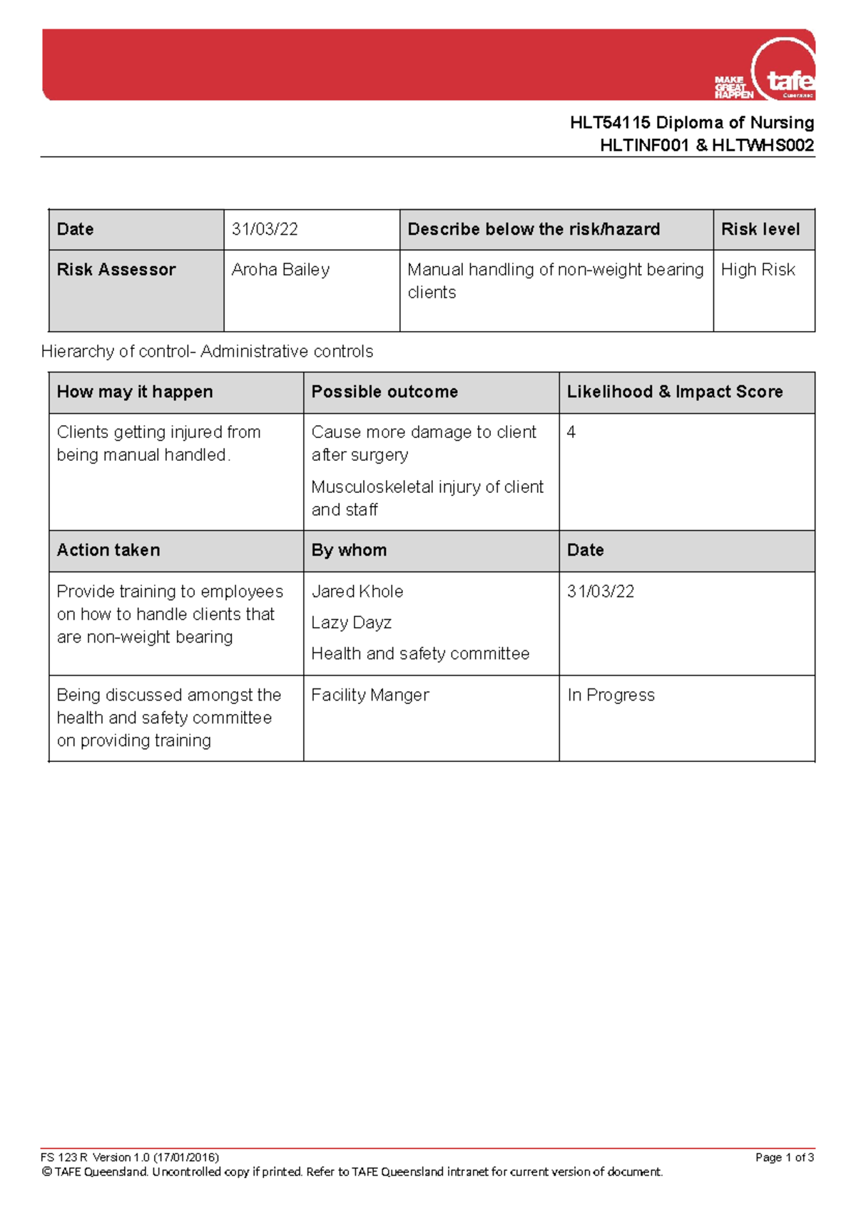 Risk Assessment Matrix for Manual Handling - HLT54115 HLTINF001 ...